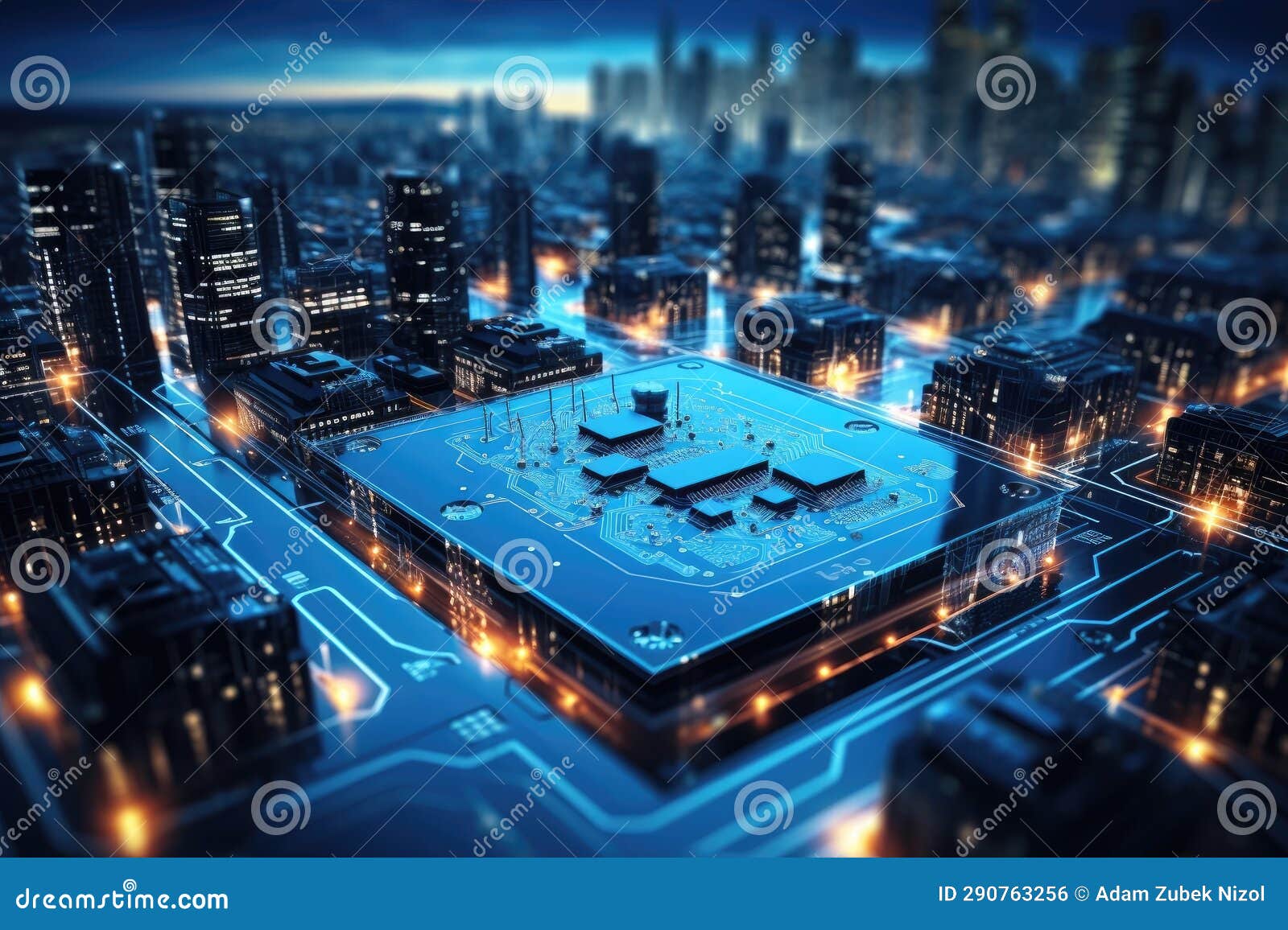 A City with Lights and a Chip Stock Illustration - Illustration of ...