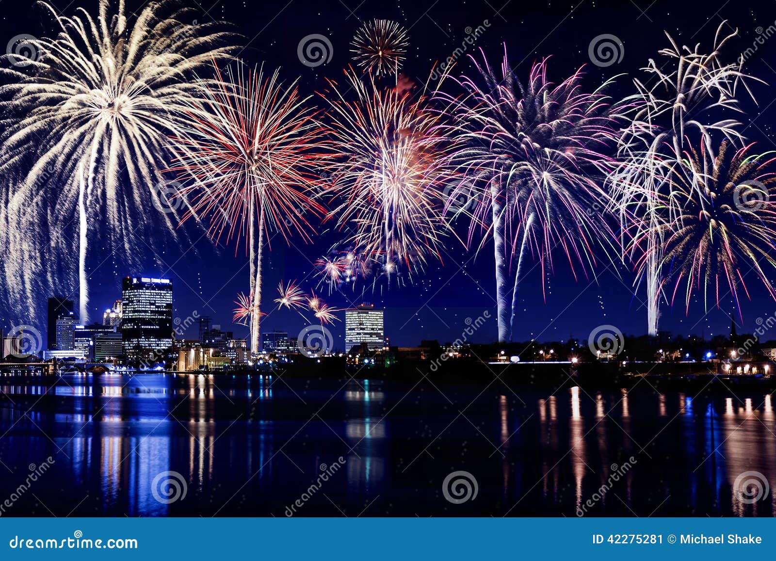City Lights Skyline with Fireworks Stock Image - Image of festive ...