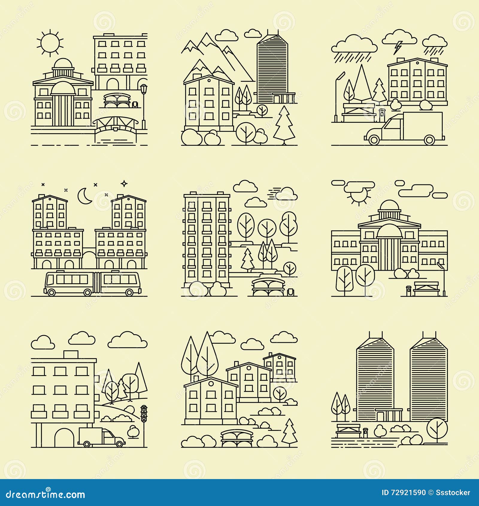 City Linear Style Landscapes Stock Vector - Illustration of residential ...