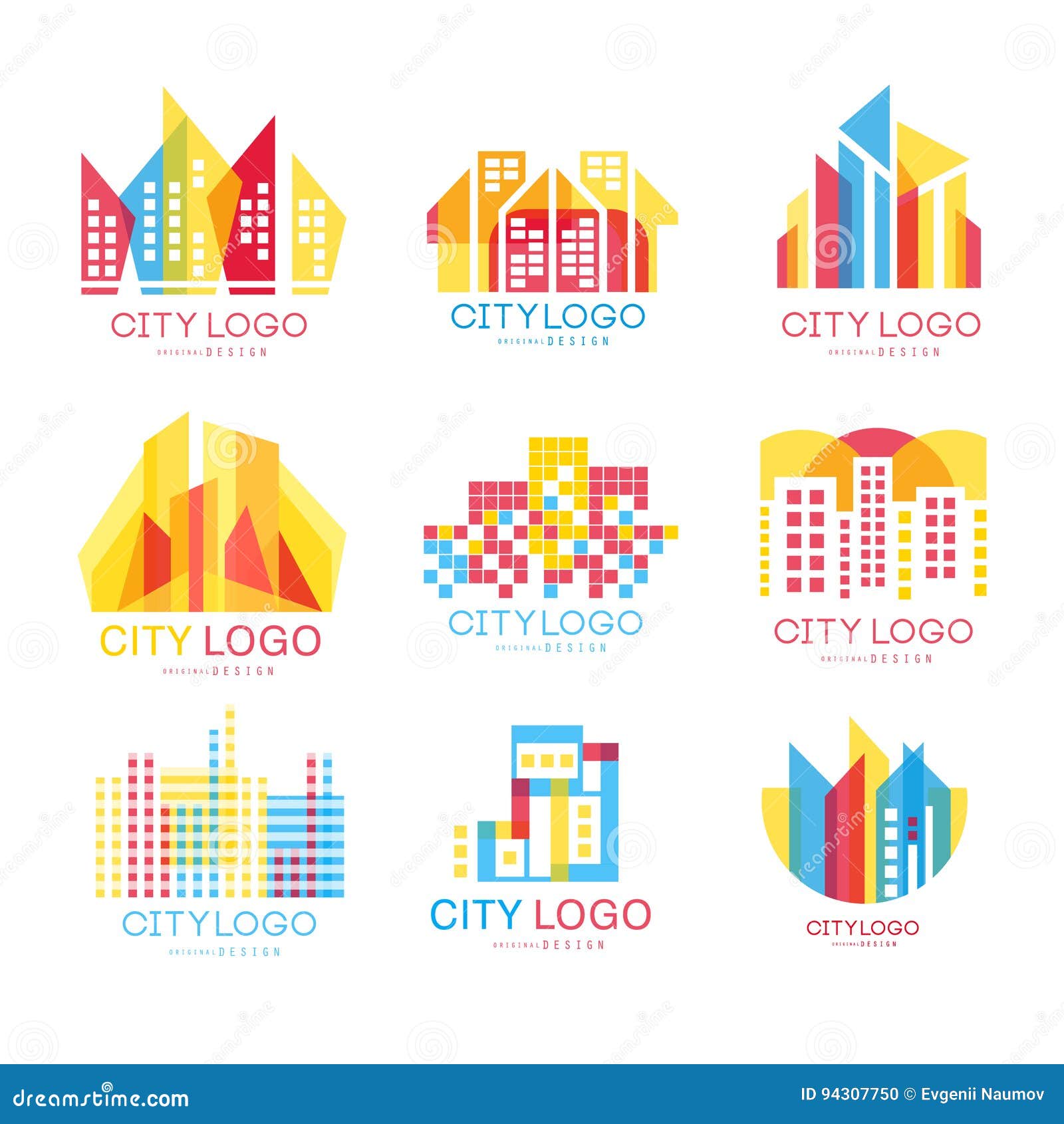City Logo Set, Logotype Elements with Buildings Vector Illustrations ...
