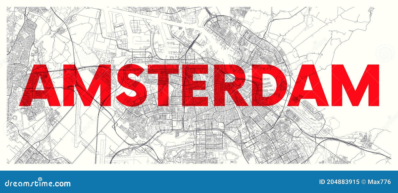 City Map Amsterdam, Detailed Road Plan Widescreen Vector Poster Stock ...