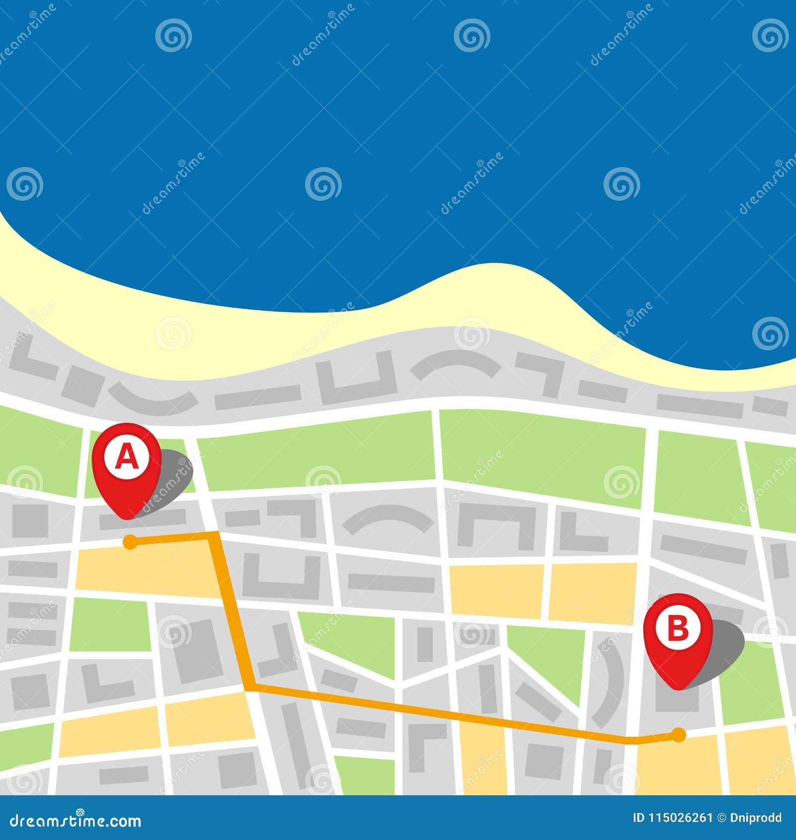 City Map Of An Imaginary City With Sea And Three Pins Cartoon Vector ...