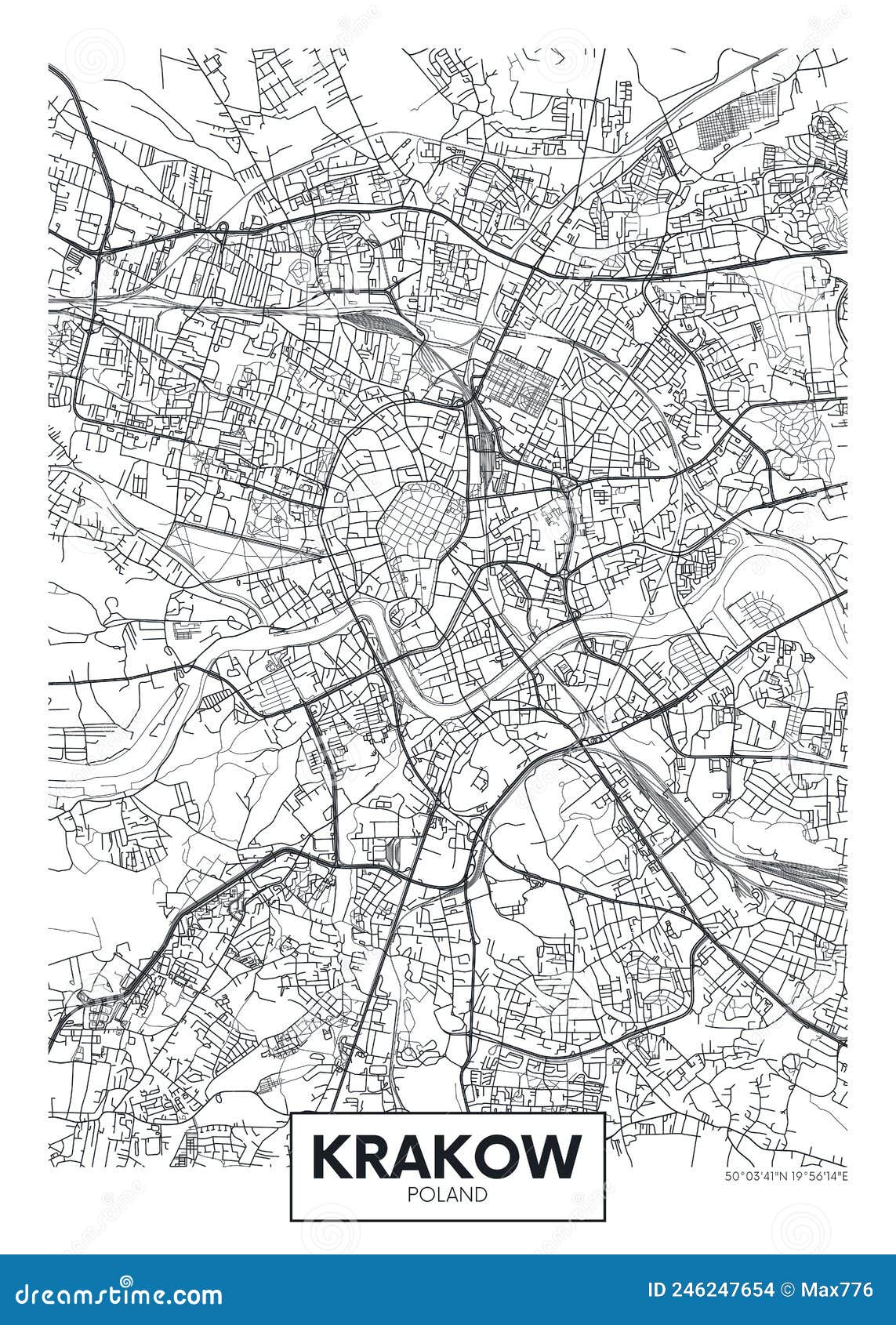 Krakow Map. Detailed Map Of Krakow City Poster With Streets. Dark ...