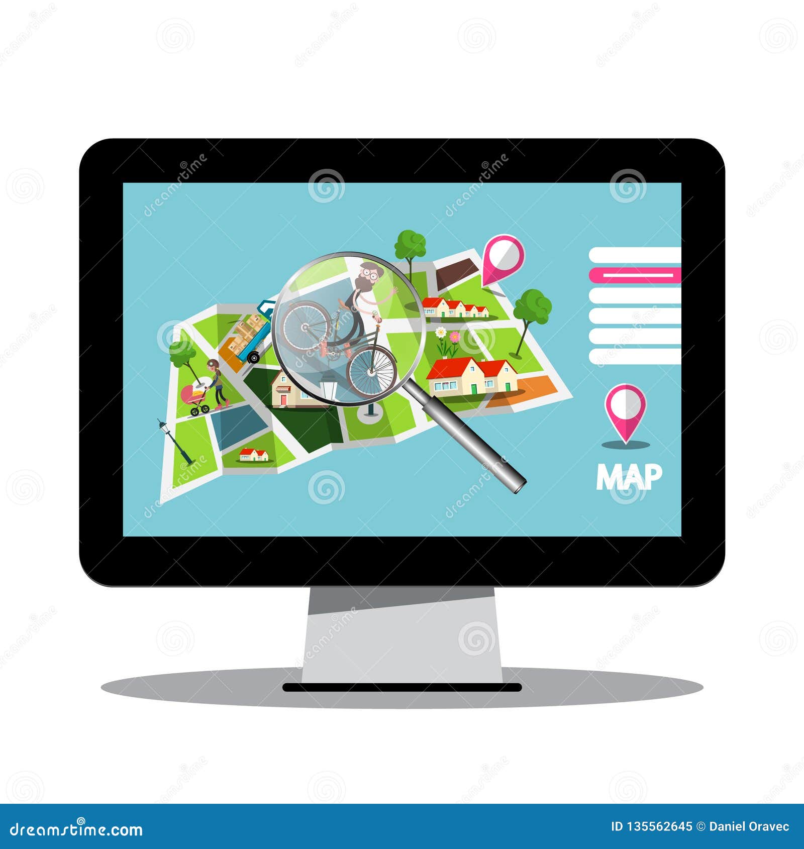 City Map with Magnifying Glass on Computer Screen Stock Vector ...