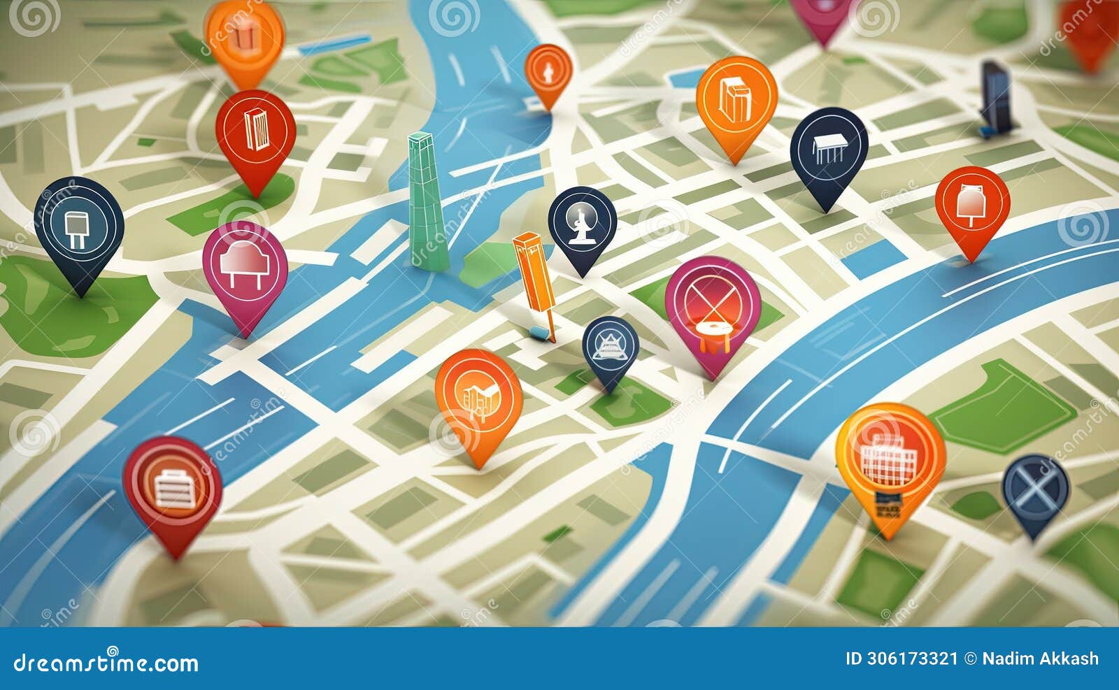 City Map and Pins with Icons. Concept of Navigation or Gps. Gene Stock ...