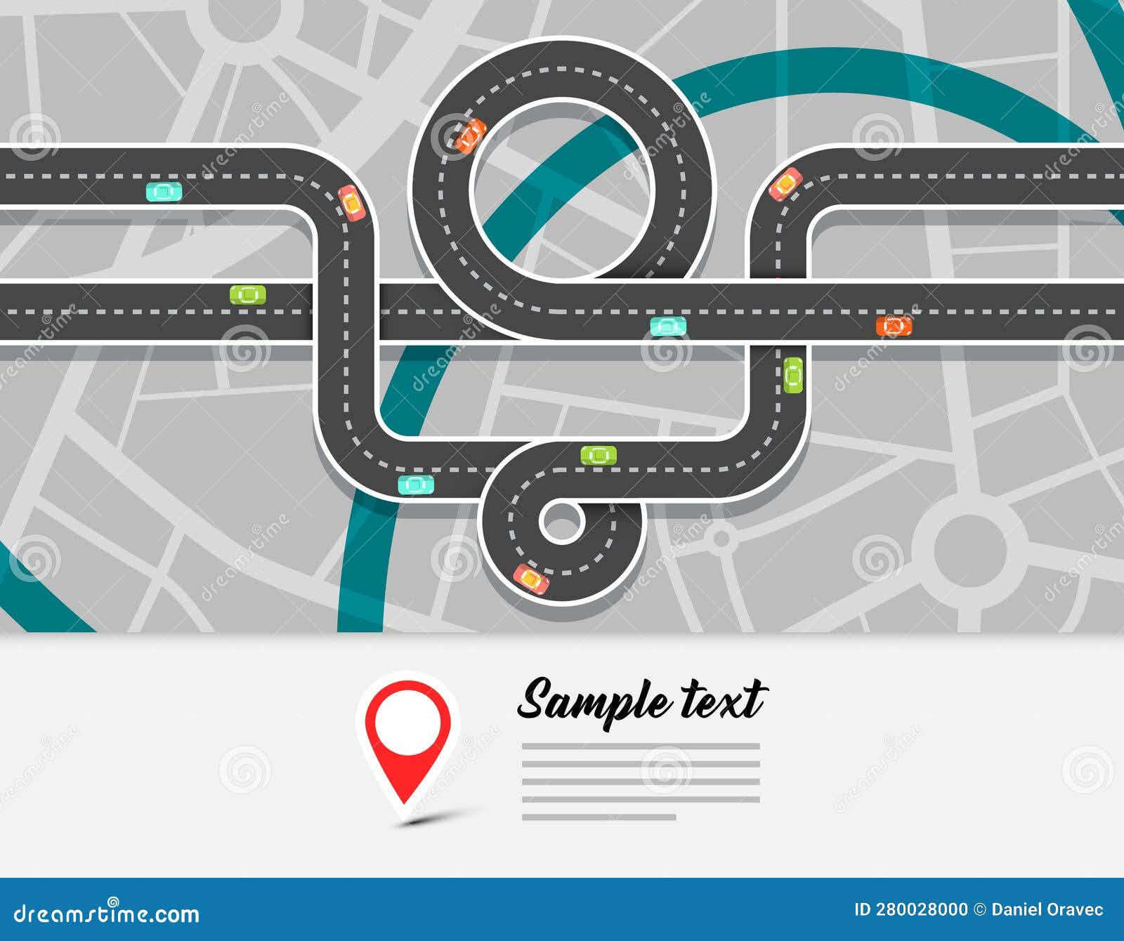 City Map - Top View with Cars, Streets, Pin and Sample Text Stock ...