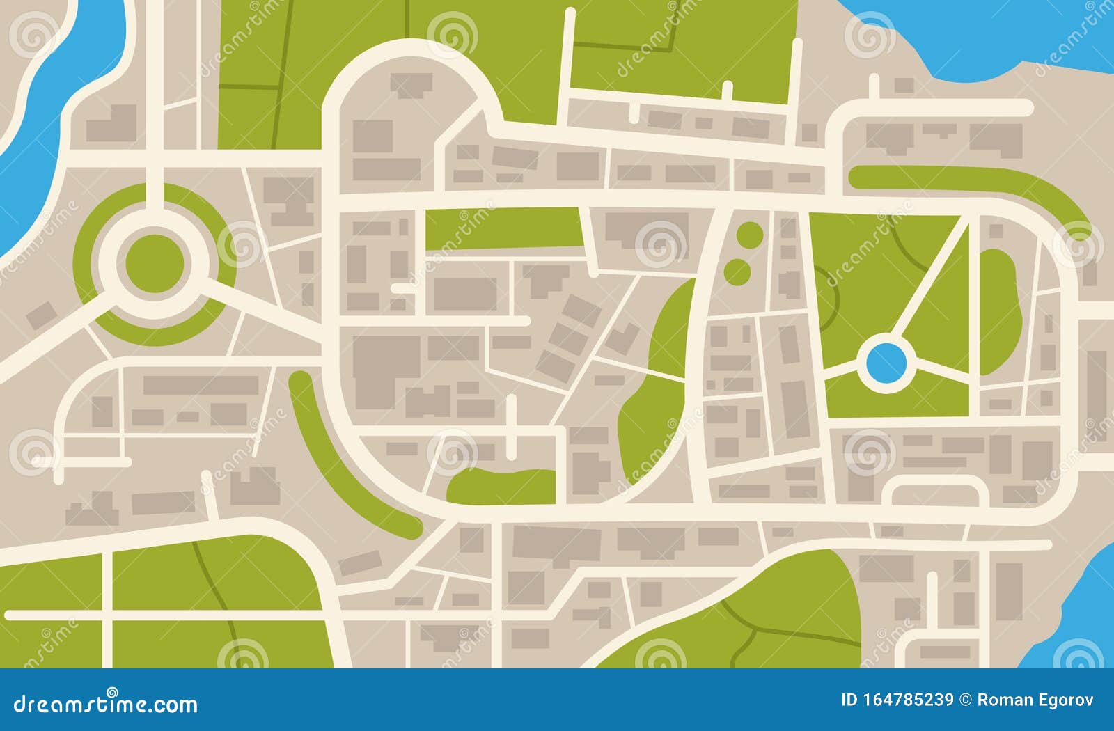 City Navigation Map. Flat Plan of Streets Parks and River with Top View ...