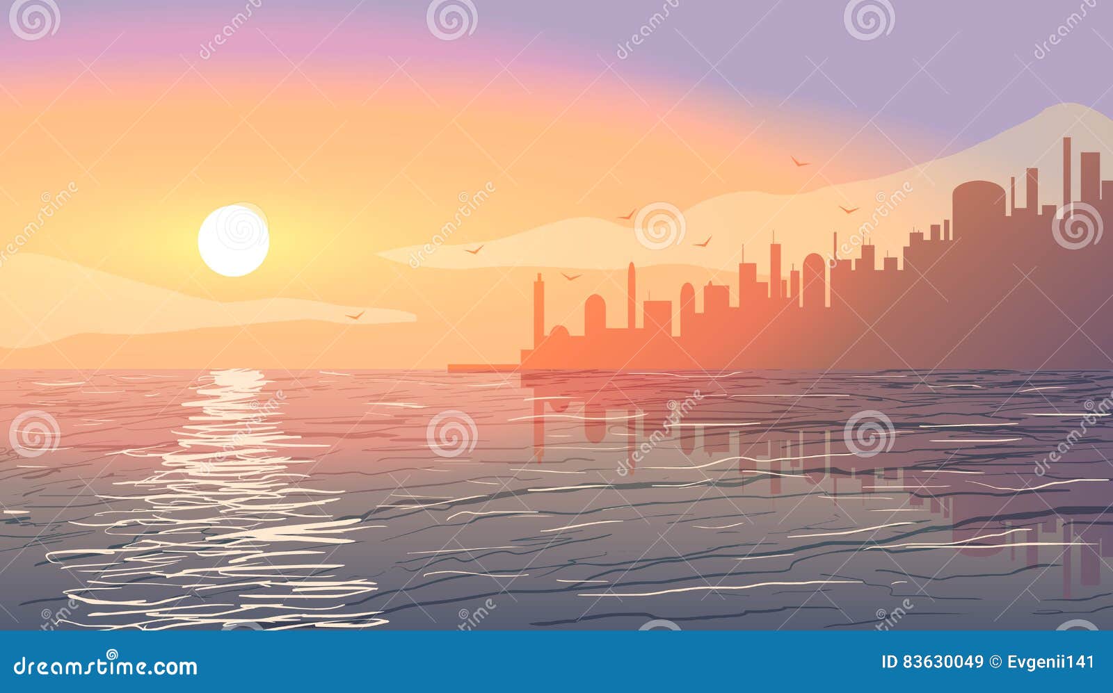 City Near the Ocean at Sunset. Stock Vector - Illustration of water ...