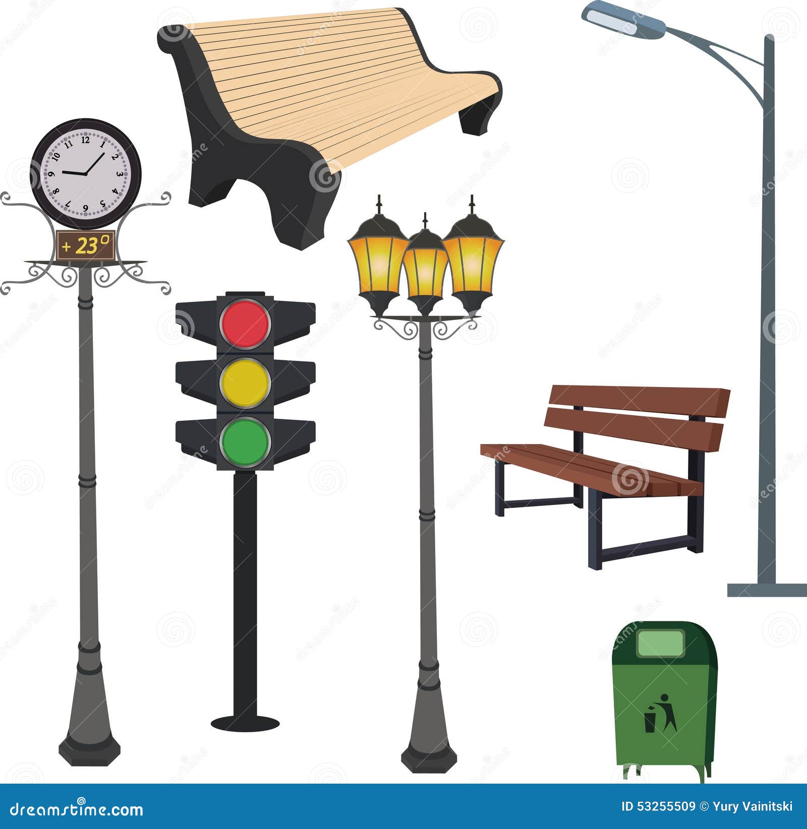 City Objects: Dustbin, Lamppost,street Hours, Traffic Light, Bench ...