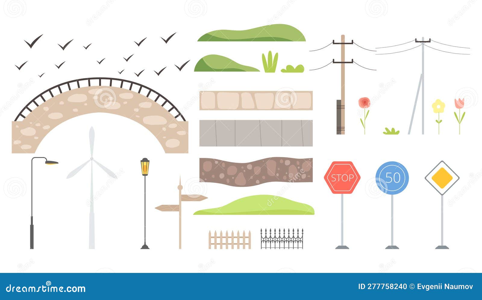 City and Park Landscape Elements with Road Sign, Lamp Post, Bridge and ...