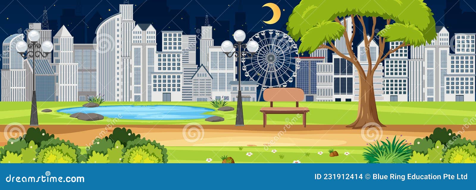 City Park at Night Time Horizontal Scene Stock Vector - Illustration of ...