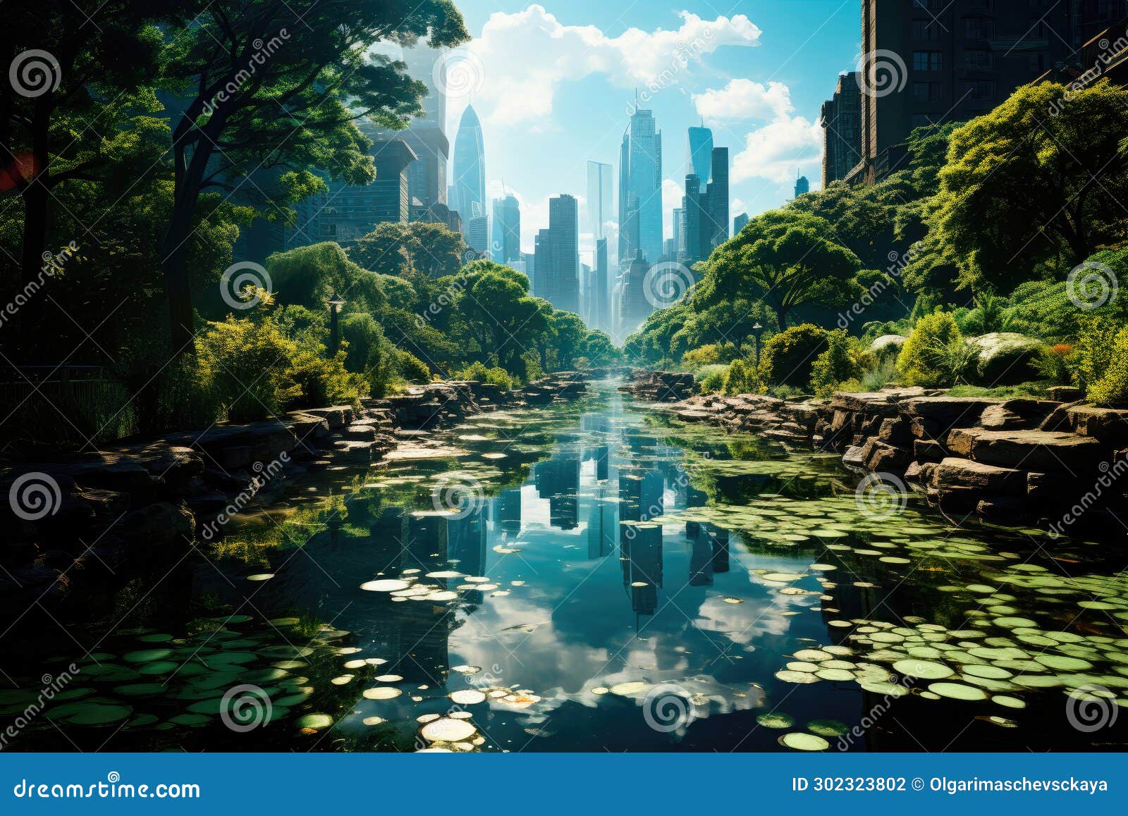 City Park with a River Against a Backdrop of Skyscrapers in the ...