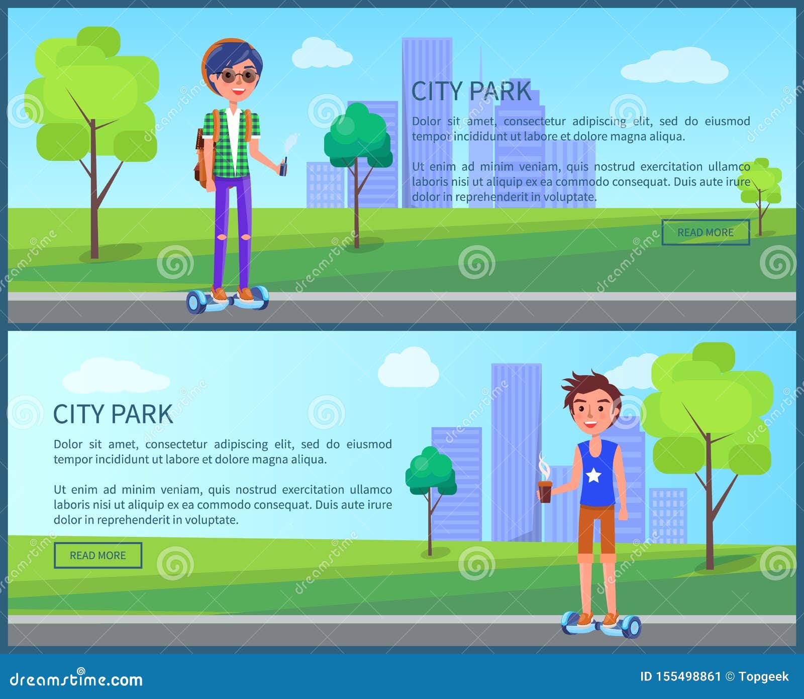 City Park Students in Town Posters Set Vector Stock Vector ...