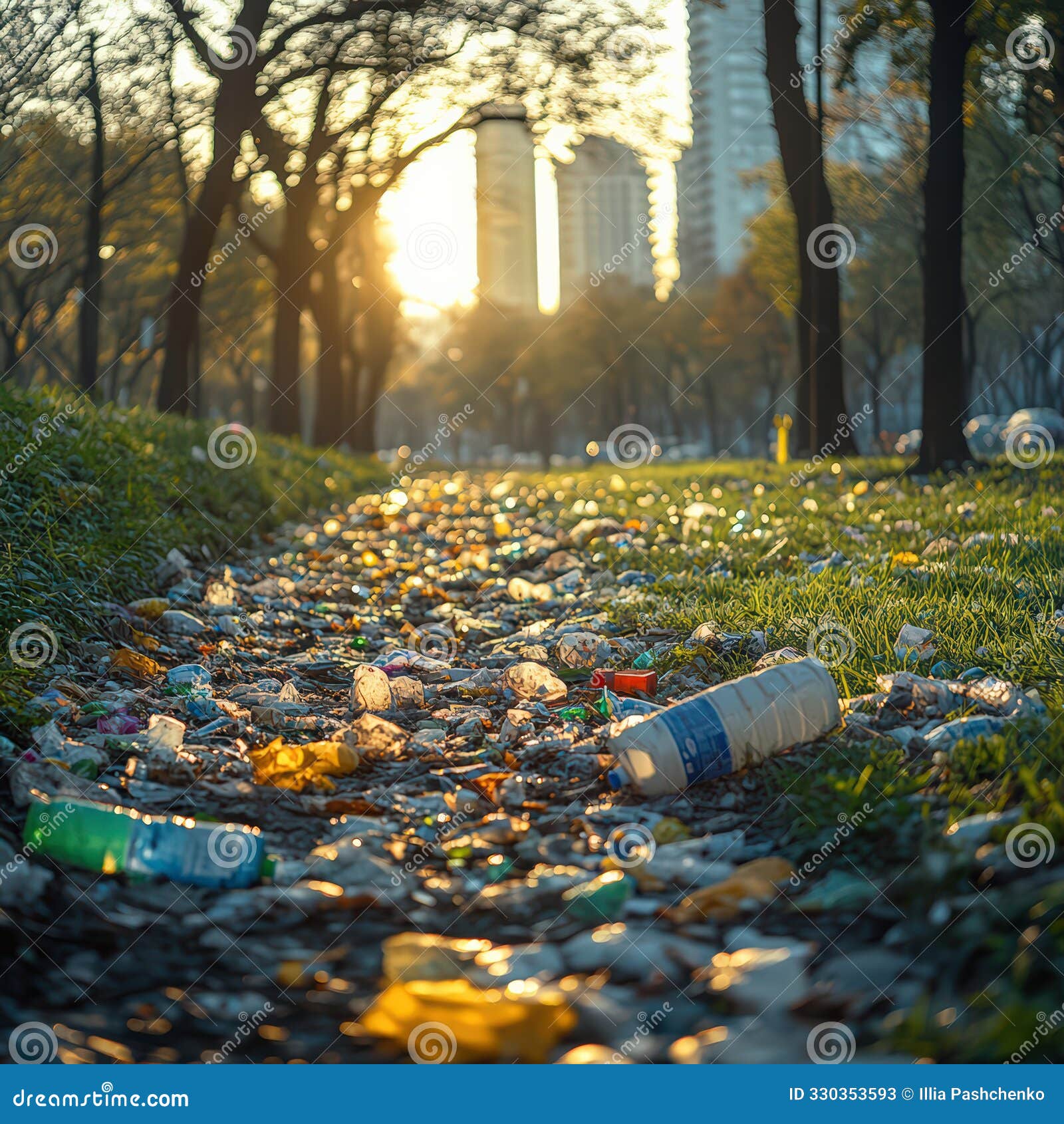 A City Public Park Covered in Trash and Plastic Waste Stock ...