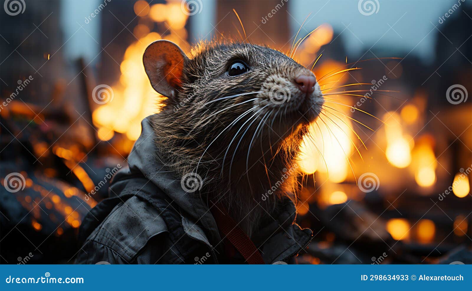 City Rat in a Jacket Against the Backdrop of Burning City Buildings ...