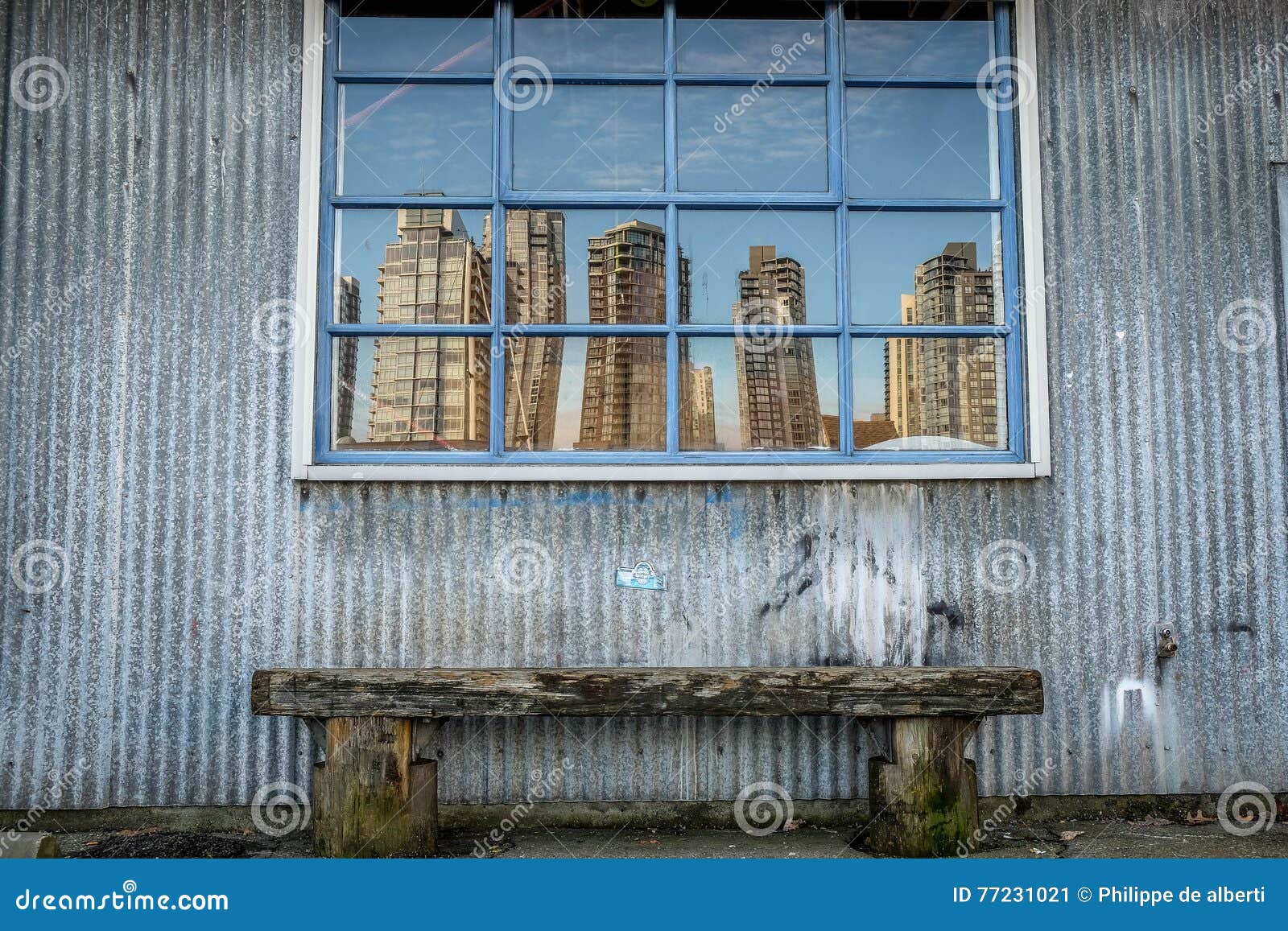City reflection stock image. Image of window, bench, reflection - 77231021