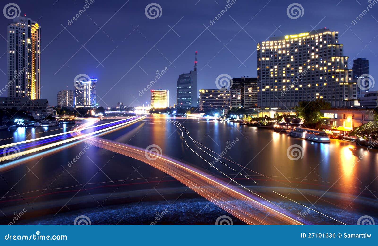 City and the River in the Night Time. Stock Photo - Image of blue ...