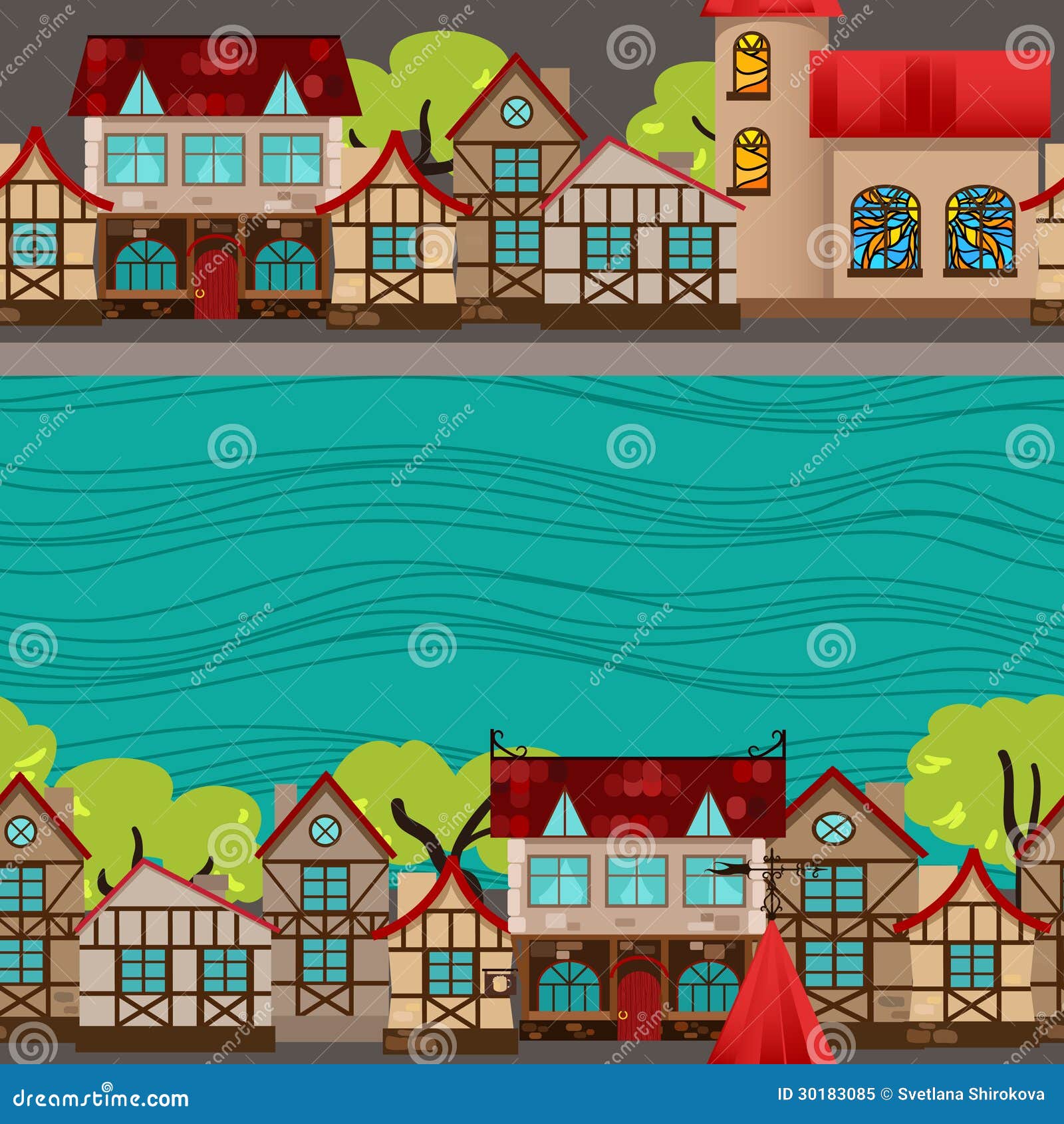 City by the River, Seamless Pattern Stock Vector - Illustration of ...