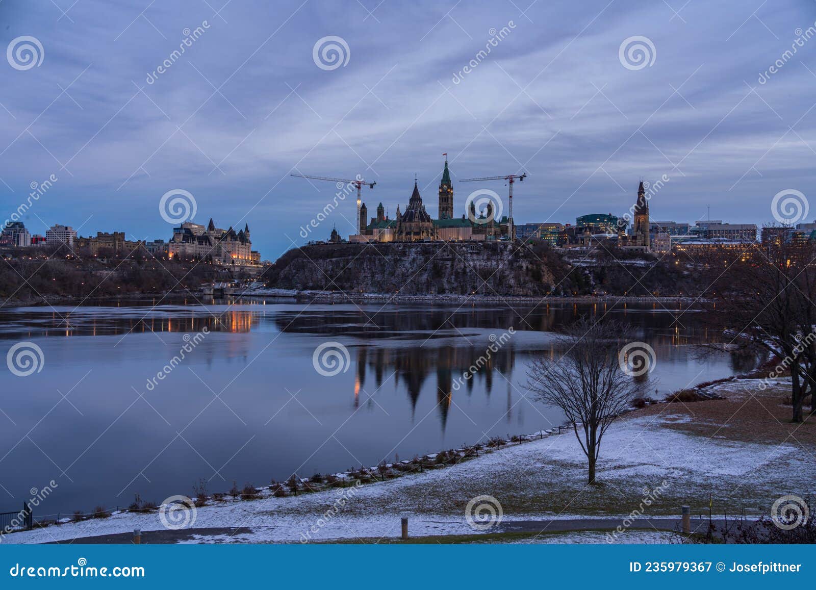 City Scape at Dusk with a City and a River Stock Image - Image of ...