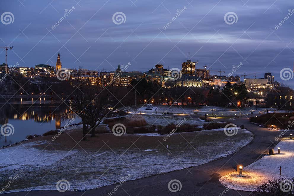 City Scape at Dusk with a City and a River Stock Image - Image of city ...