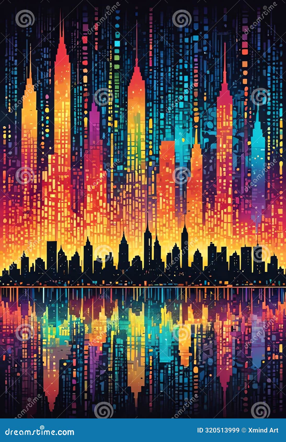 City Scape Illustration with Colorful Binary Code Background Stock ...