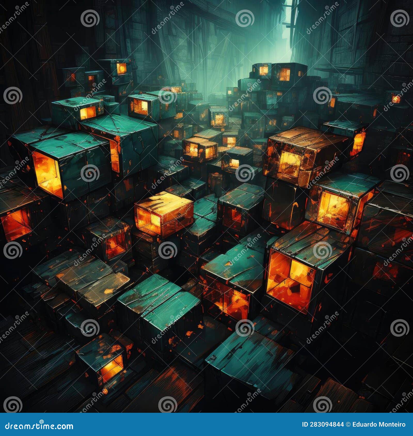 City Scenes with Stacked Crates and Glowing Lights in Intense Textures ...