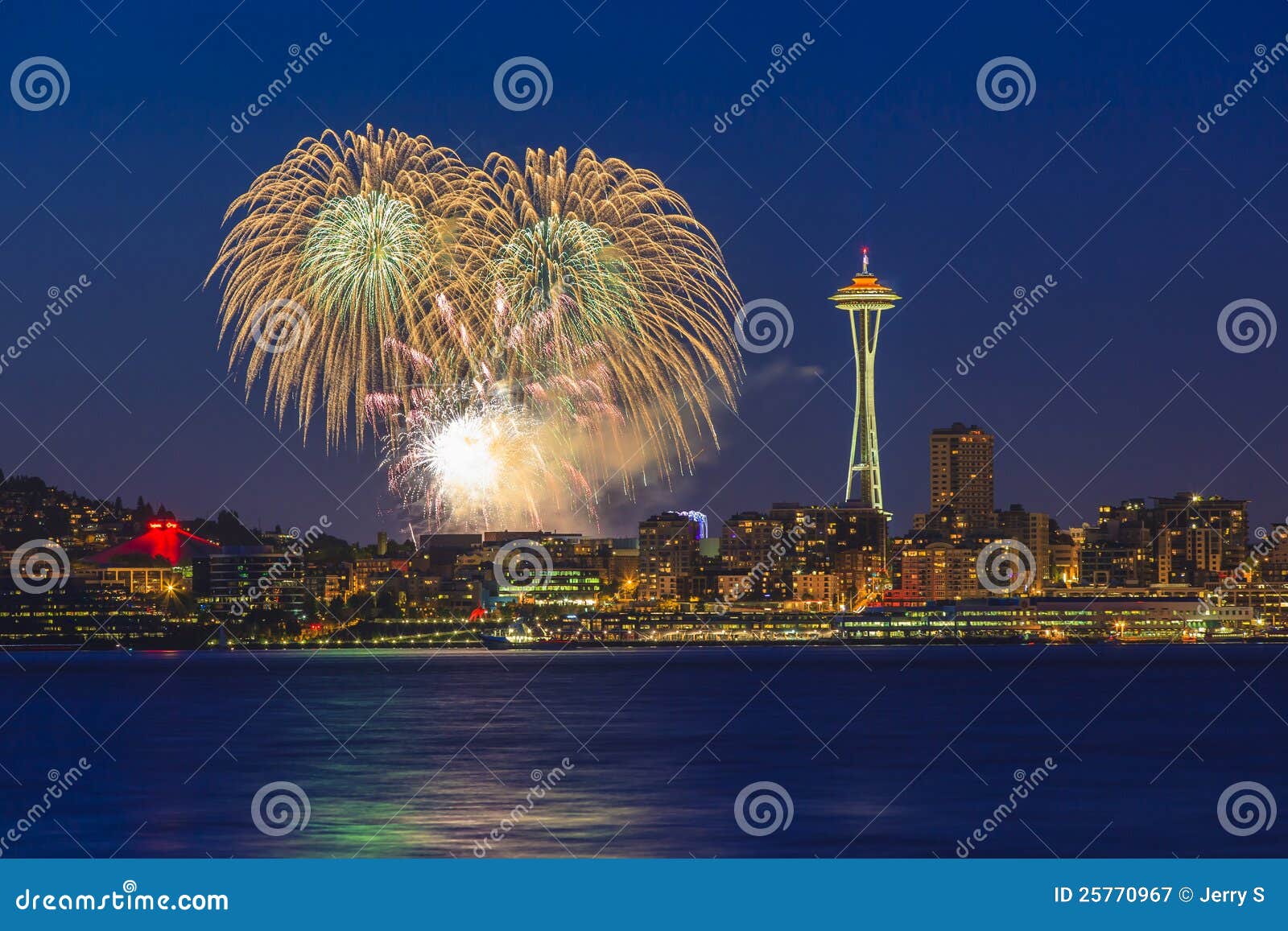 City of Seattle and Fireworks Stock Image - Image of building, events ...