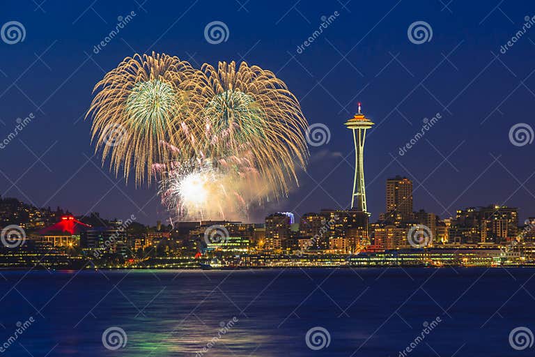 City of Seattle and Fireworks Stock Image - Image of building, events ...
