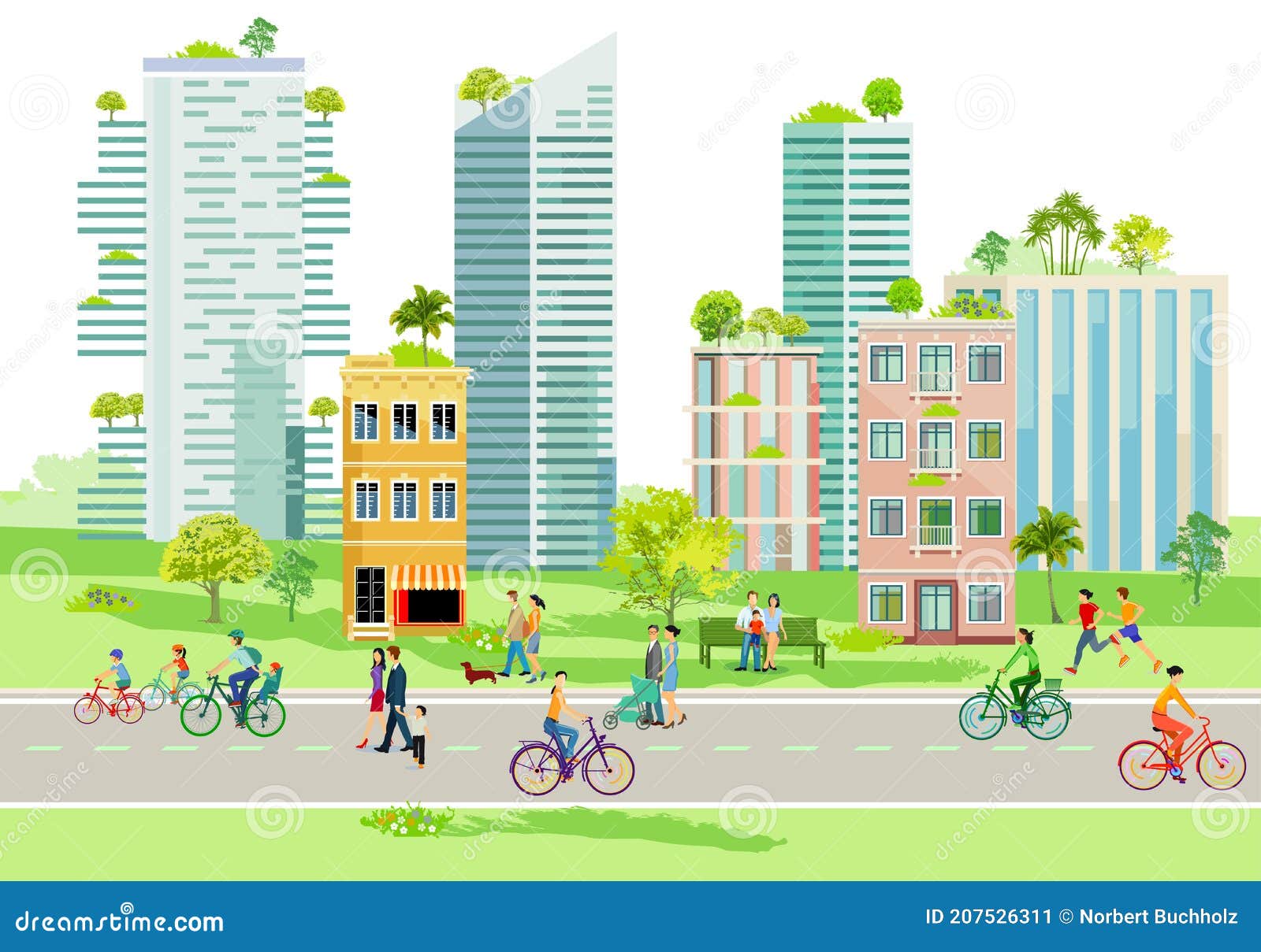 City Silhouette with House Greening Illustration Stock Vector ...