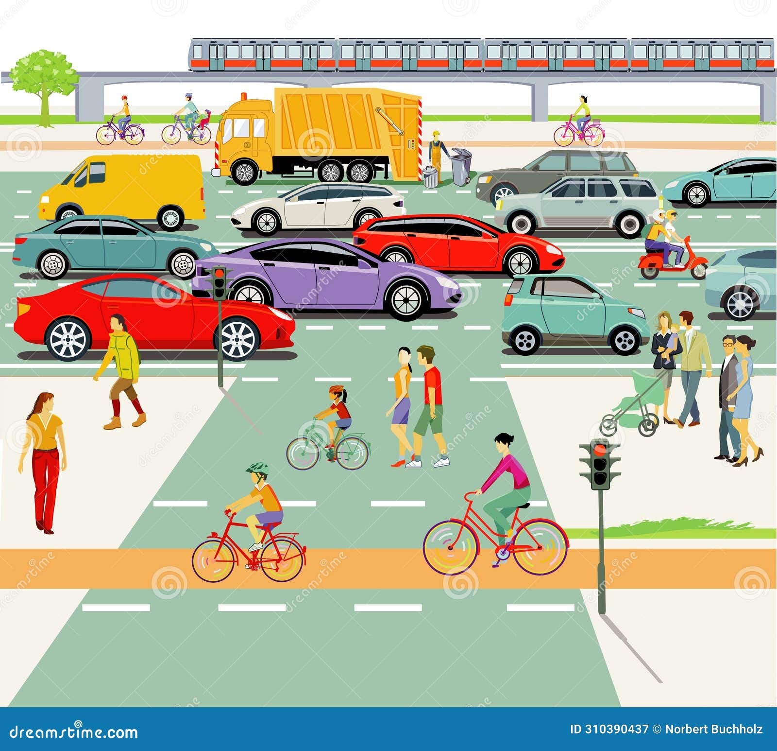 City Silhouette of a City with Traffic Stock Vector - Illustration of ...