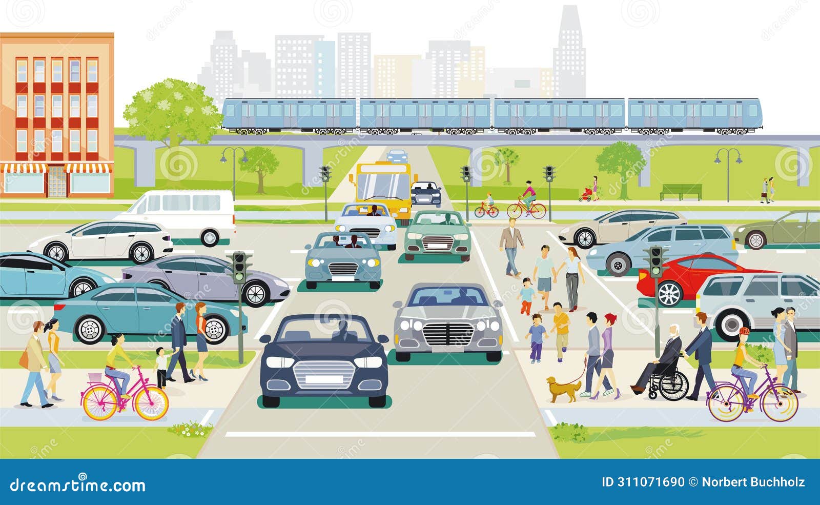 City Silhouette of a City with Traffic Illustration Stock Vector ...