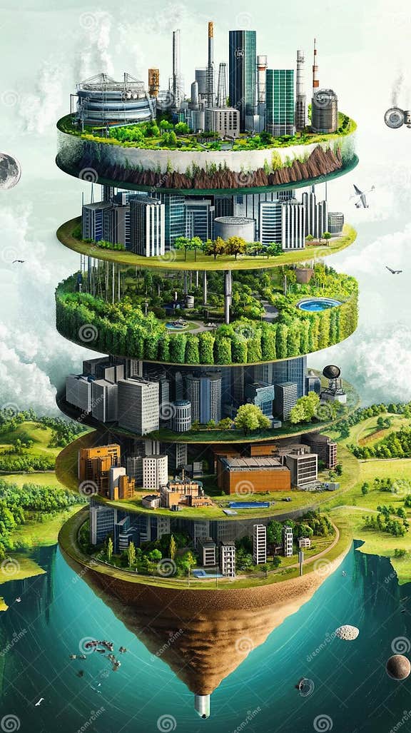 The City in the Sky, a Multilayered Urban Ecosystem Stock Illustration ...