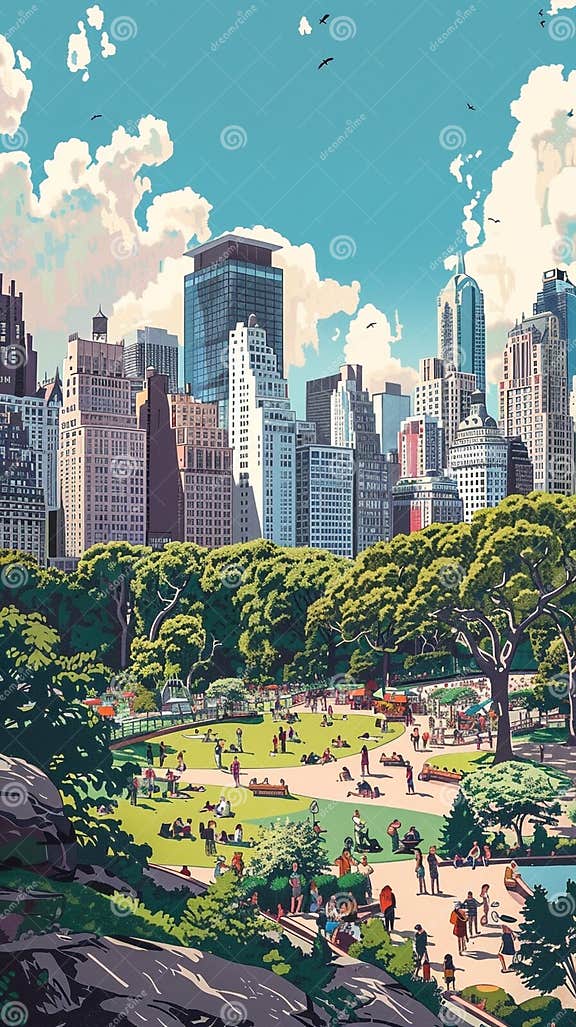 City Skyline Bustling with Midday Activity Stock Illustration ...