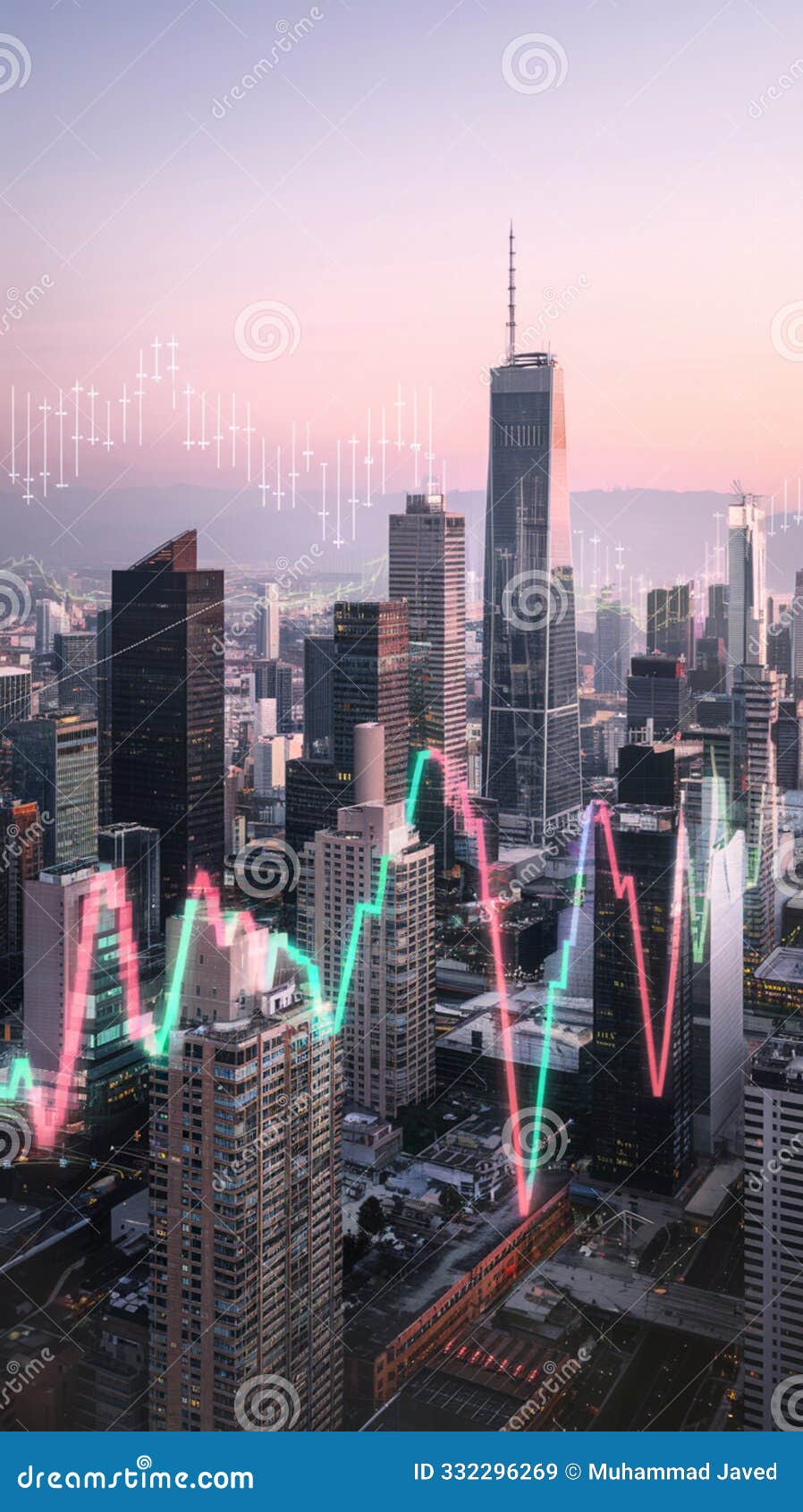 City Skyline at Dawn, Intricate Financial Graphs Overlaid, Blending ...