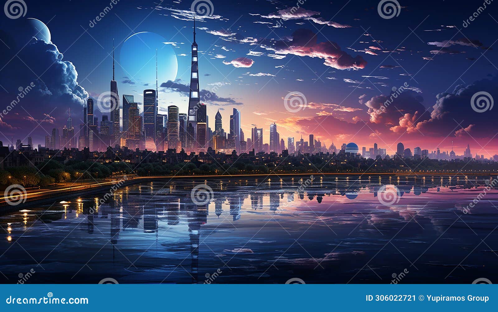 City Skyline at Dusk Reflects in the Waterfront, a Modern Marvel ...