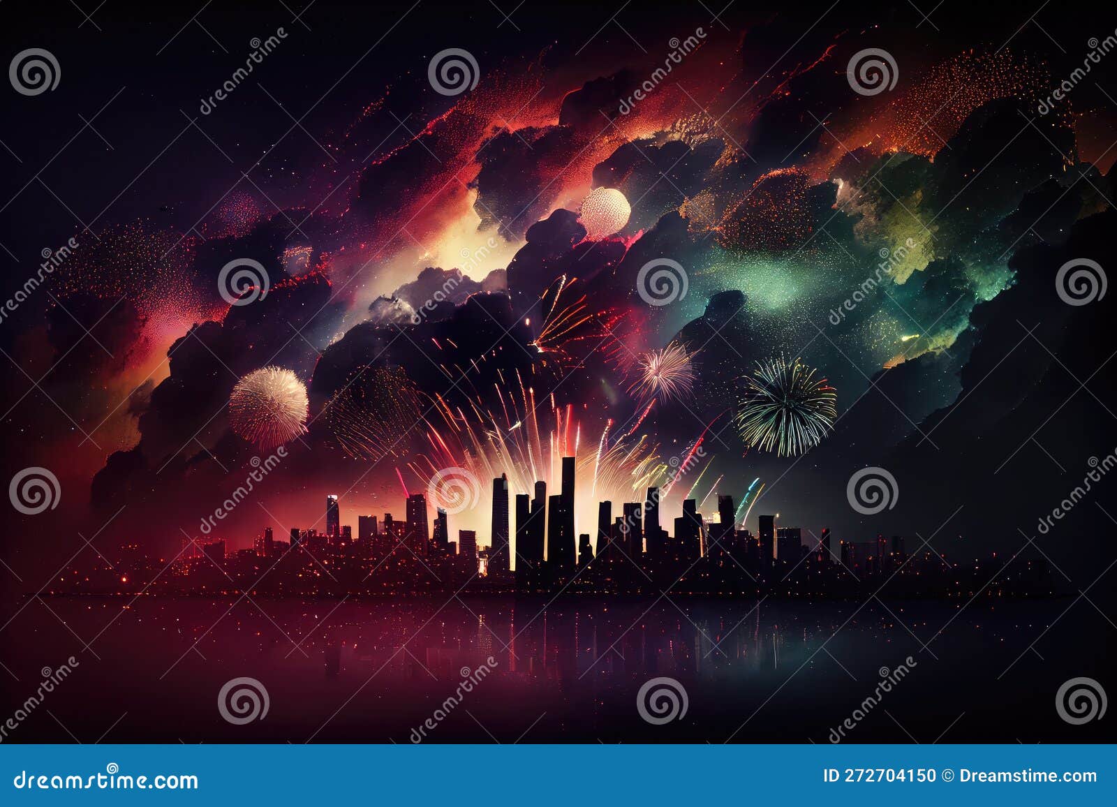 City Skyline, with Fireworks Display Exploding in the Night Sky Stock ...