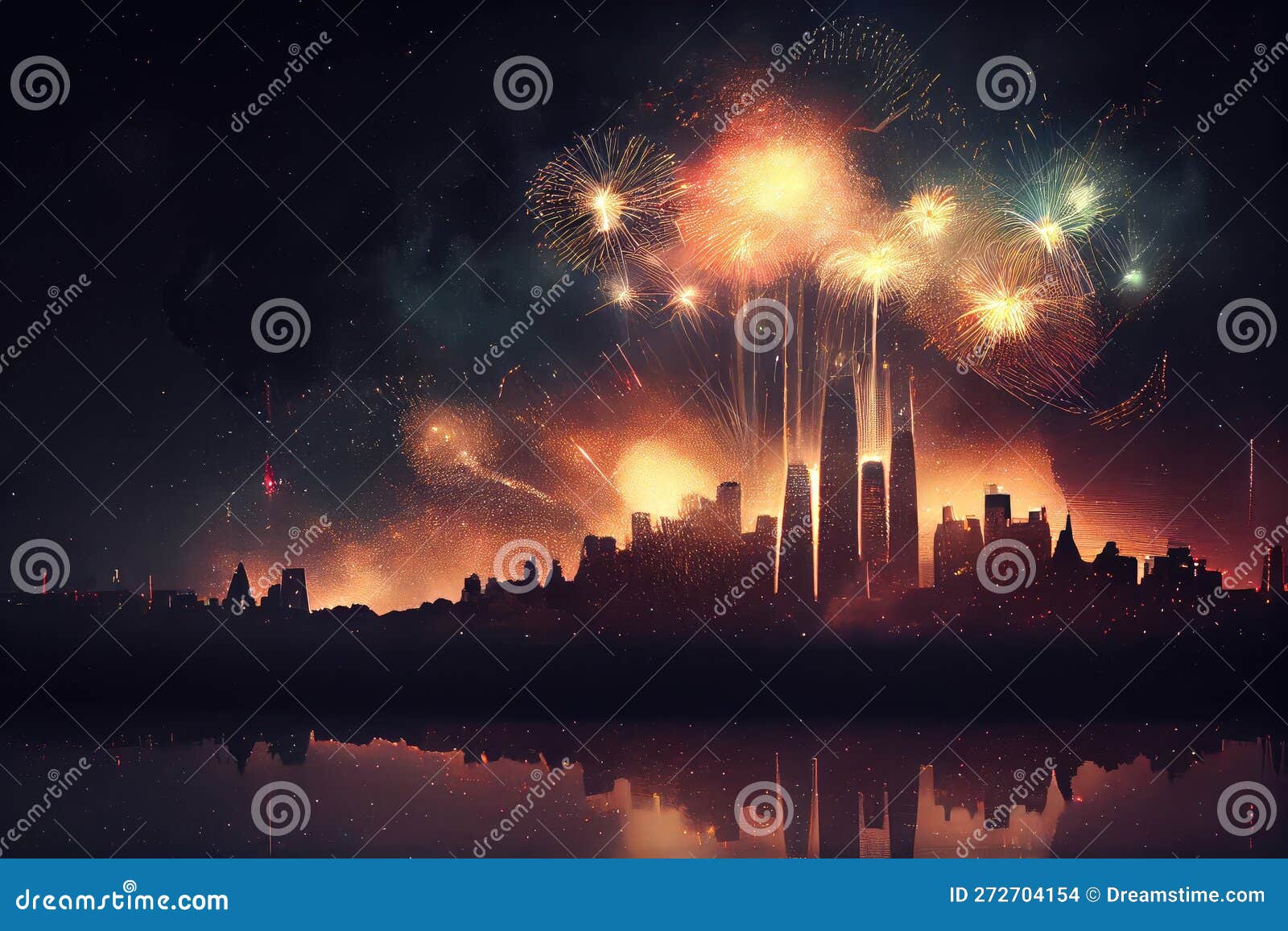 City Skyline, with Fireworks Display Exploding in the Night Sky Stock ...