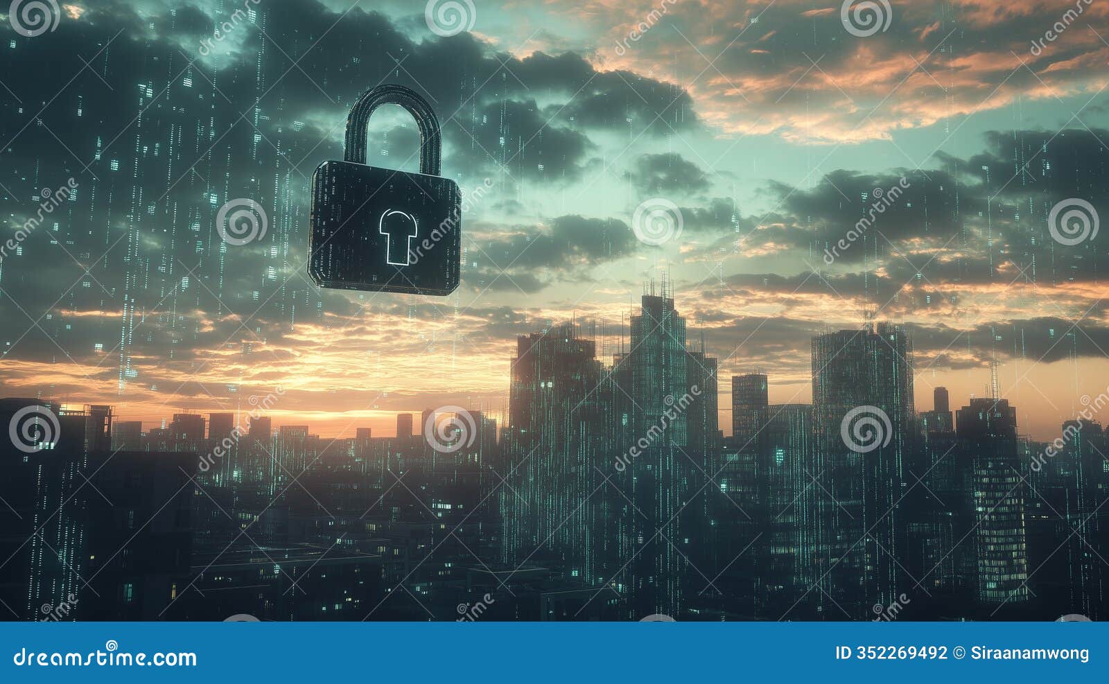 City Skyline Made of Data Points with a Massive Lock. Cyber Security ...