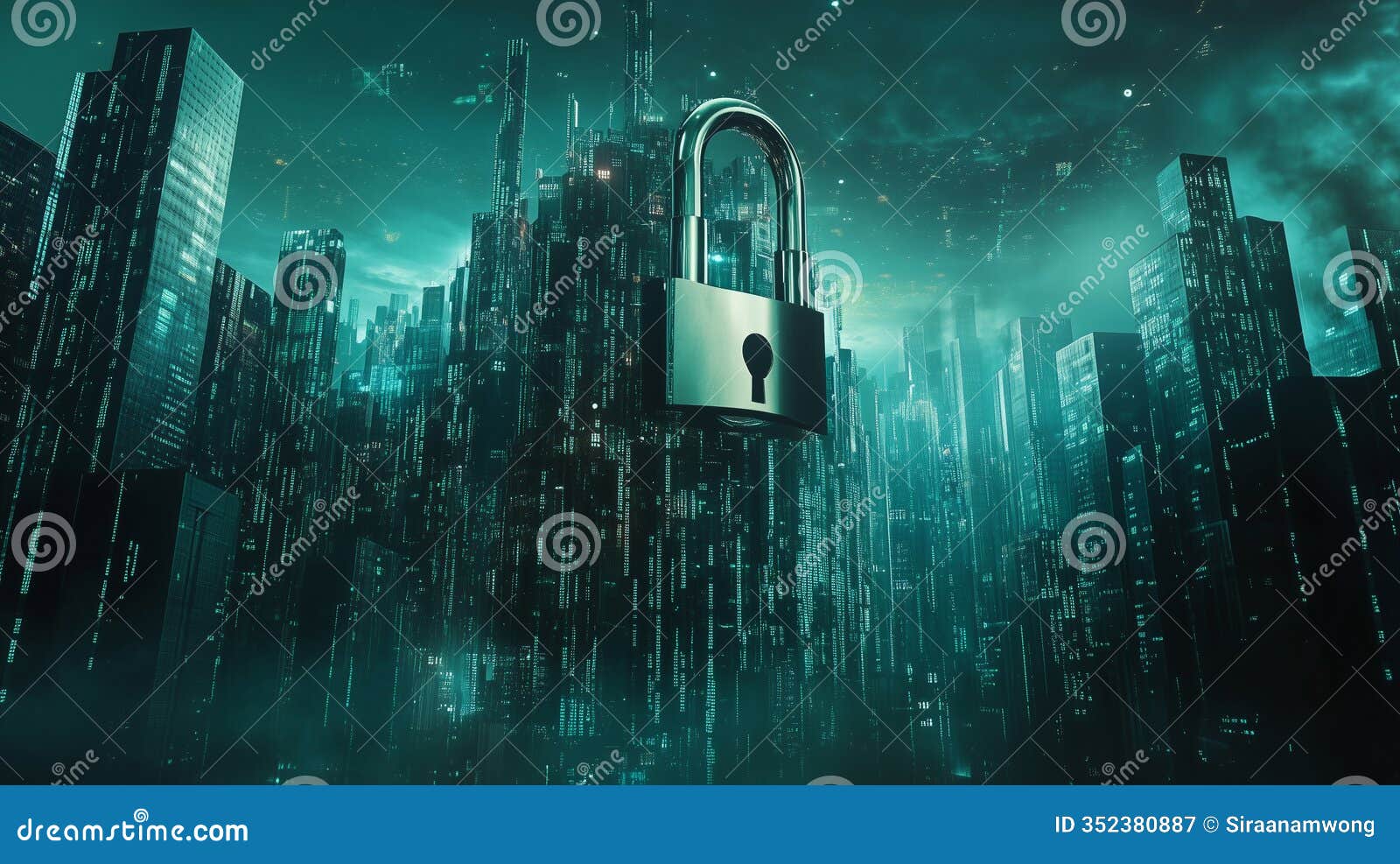City Skyline Made of Data Points with a Massive Lock. Cyber Security ...