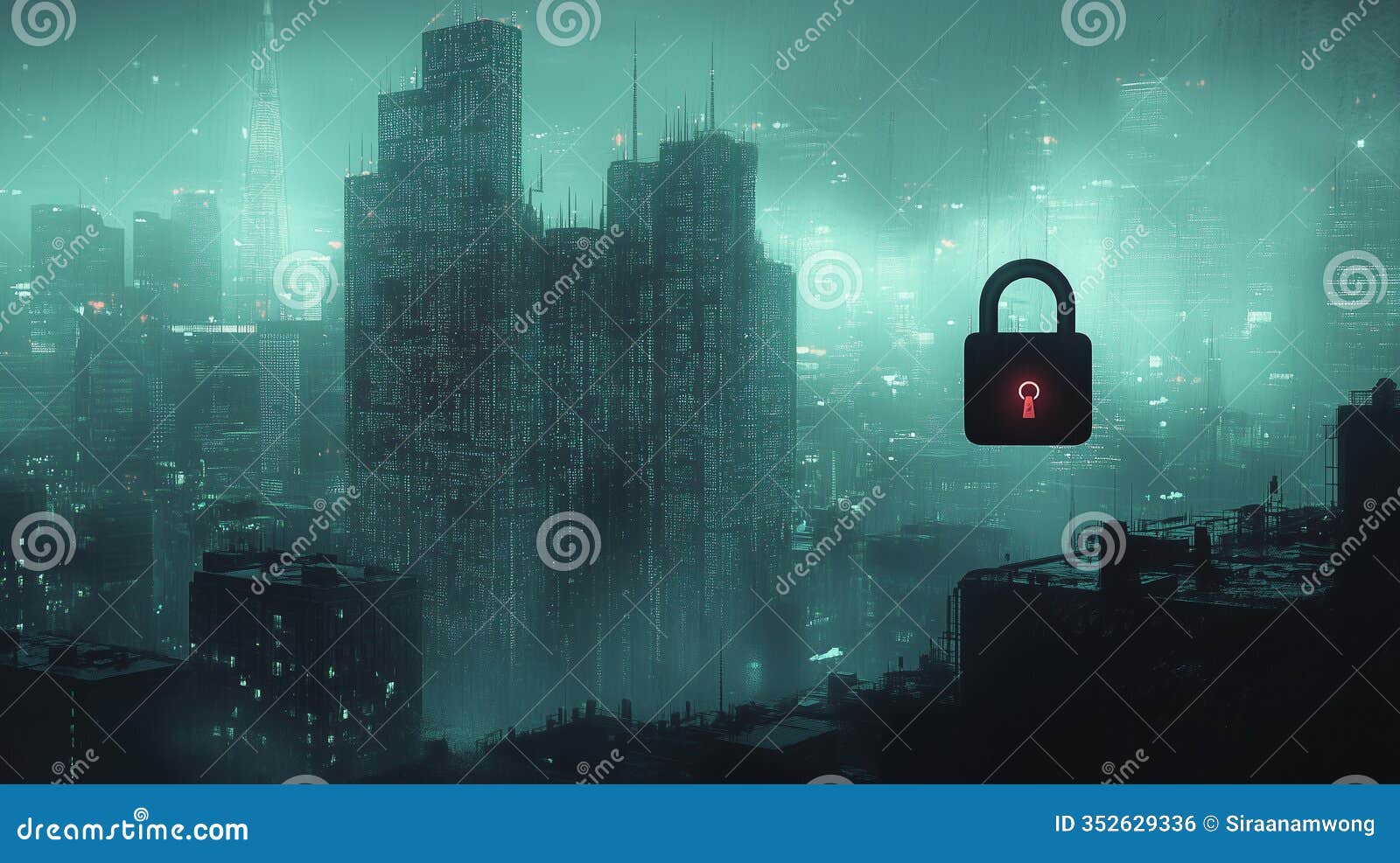 City Skyline Made of Data Points with a Massive Lock. Cyber Security ...