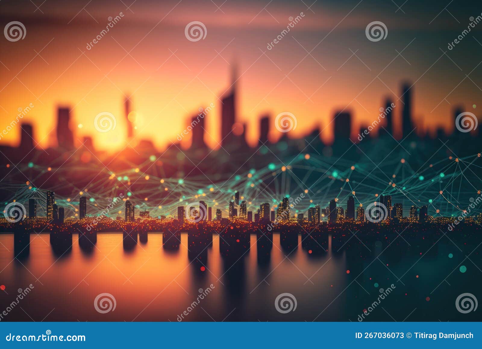 City Skyline with Network Data Conection on Bokeh Sunset Background ...
