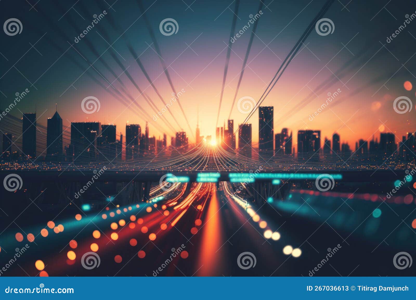 City Skyline with Network Data Conection on Bokeh Sunset Background ...