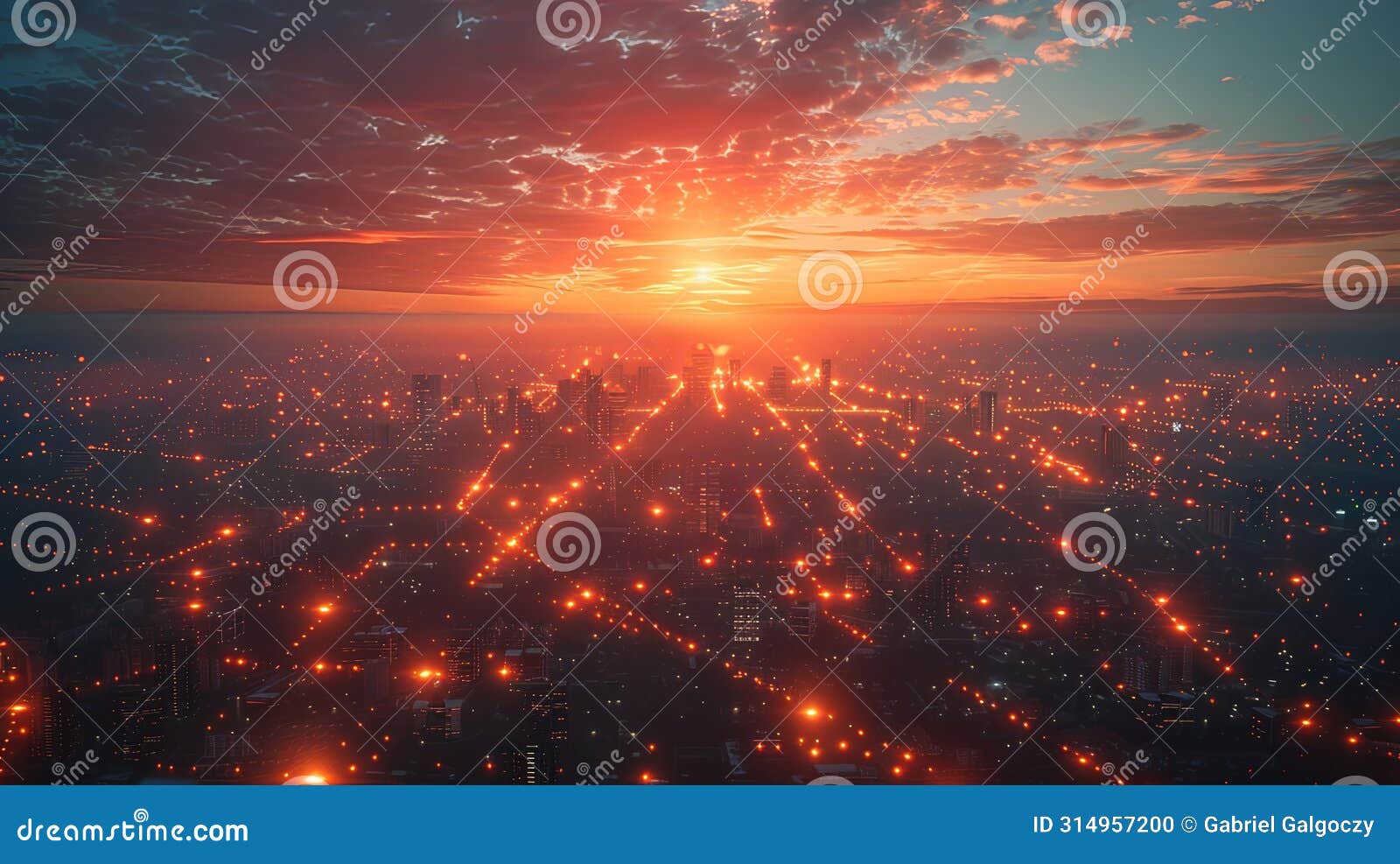 City Skyline at Night from Above with Data Connectivity Link Light Grid ...