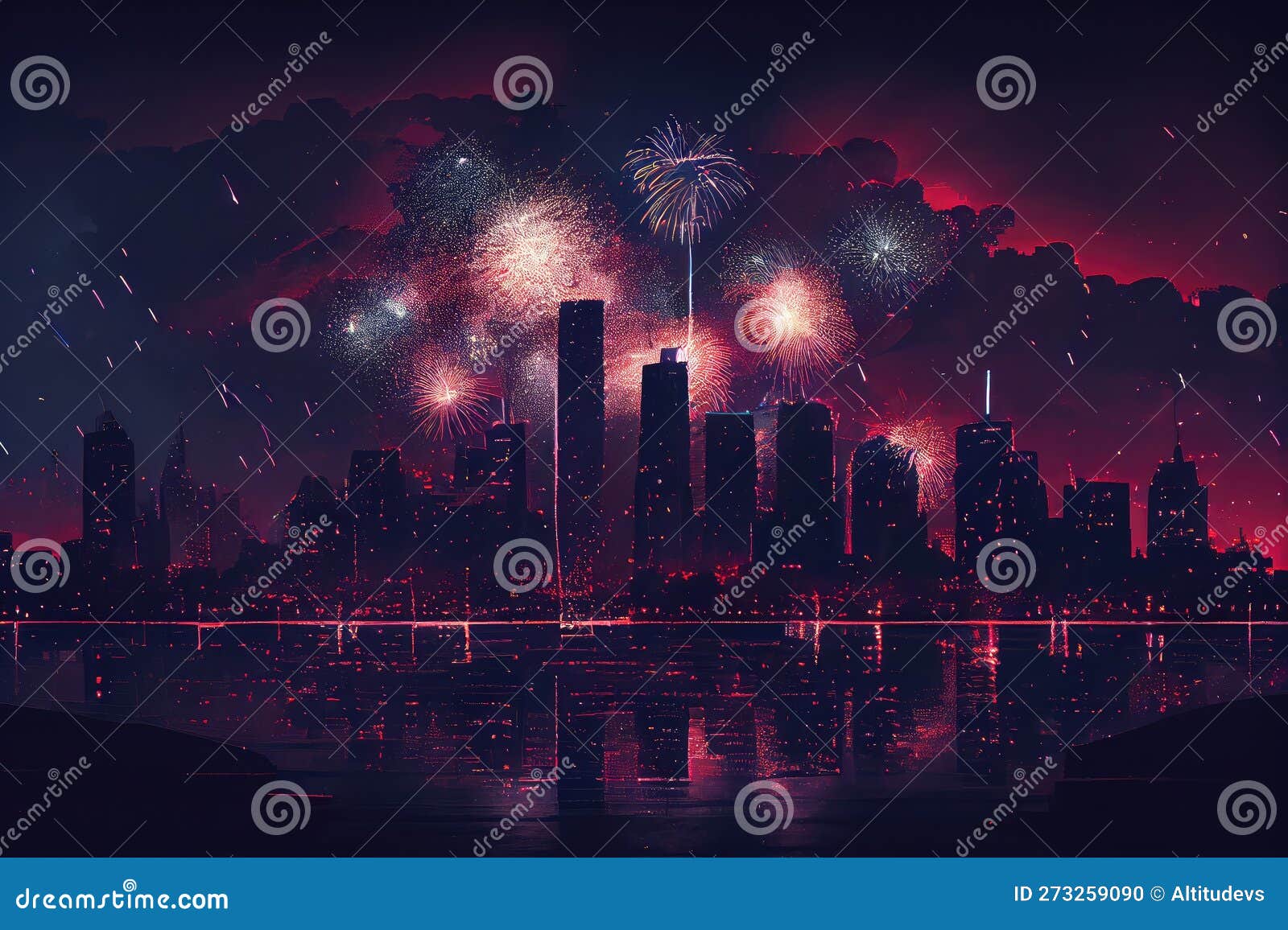 City Skyline at Night, with Fireworks Exploding in the Distance Stock ...