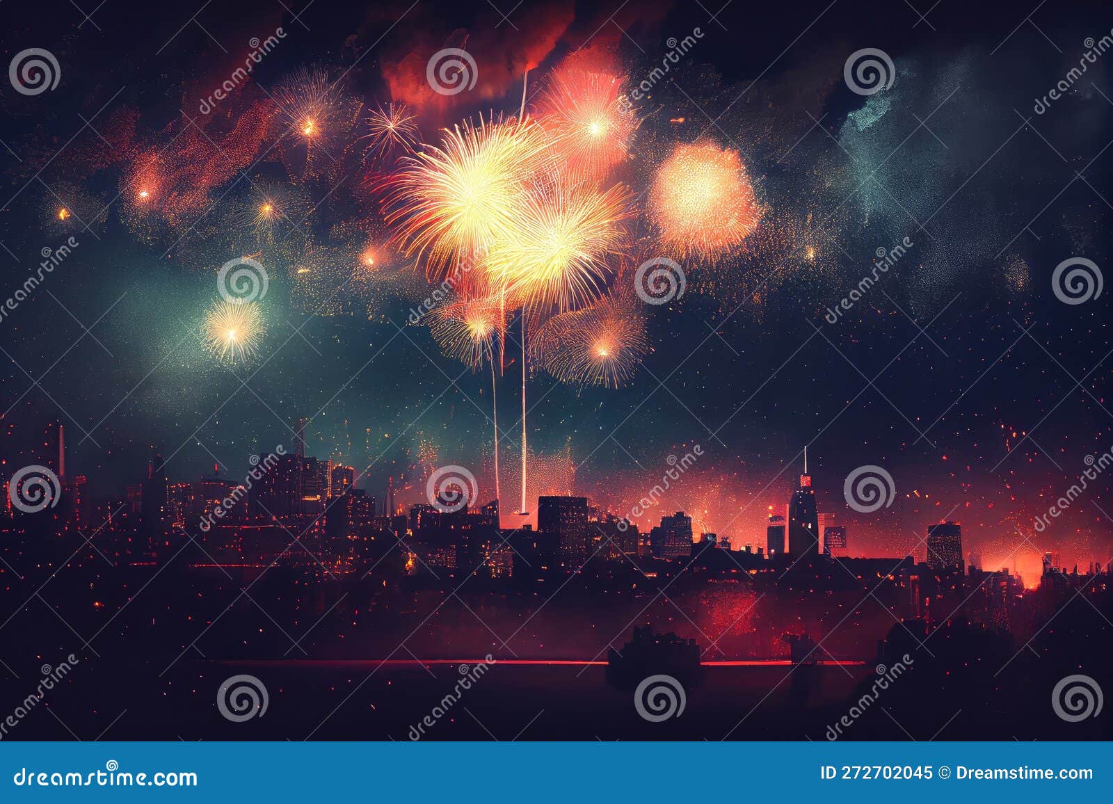 City Skyline at Night, with Fireworks Exploding in the Distance Stock ...