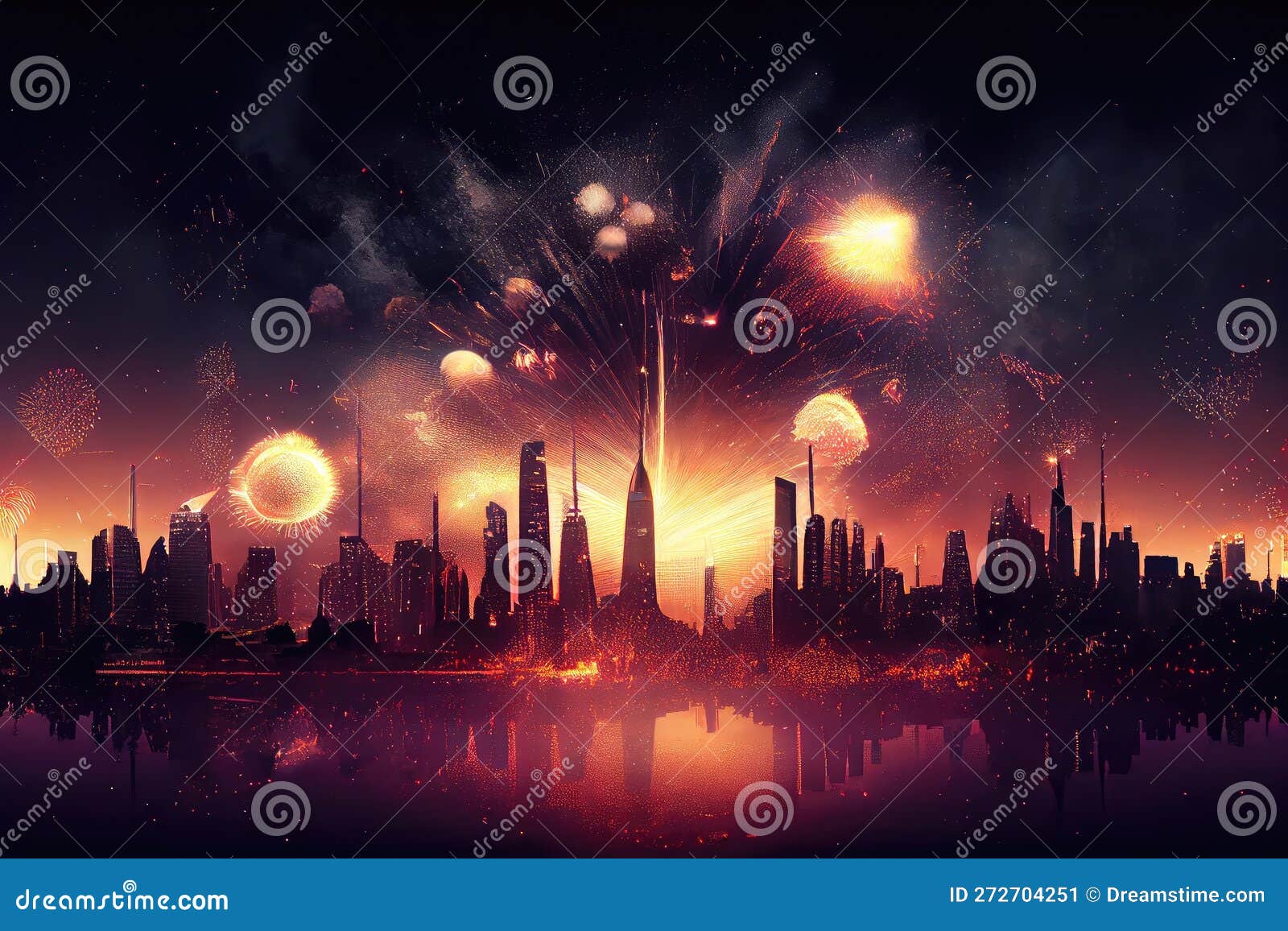 City Skyline at Night with Fireworks Exploding in the Sky Stock Image ...
