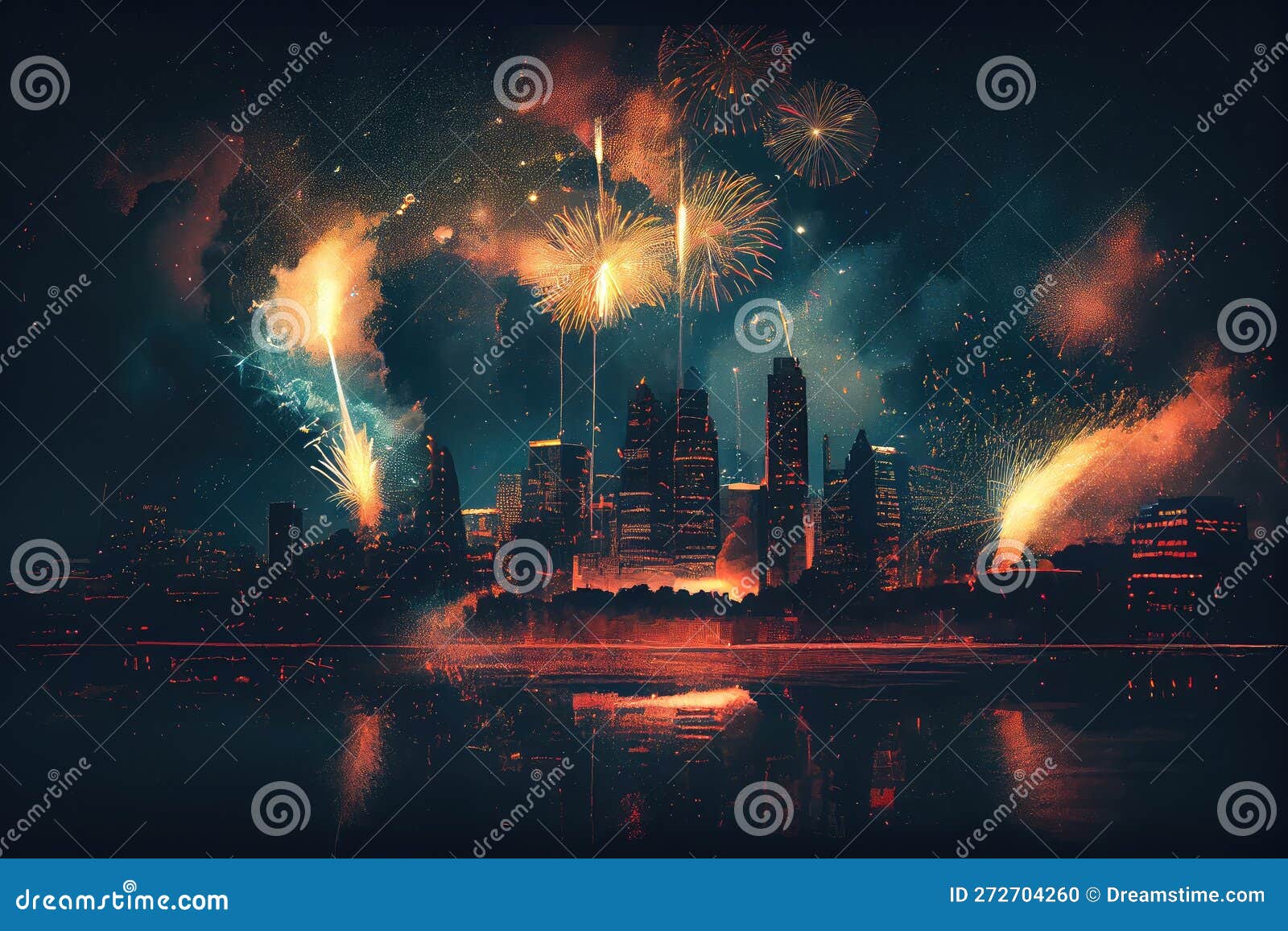 City Skyline at Night with Fireworks Exploding in the Sky Stock Photo ...