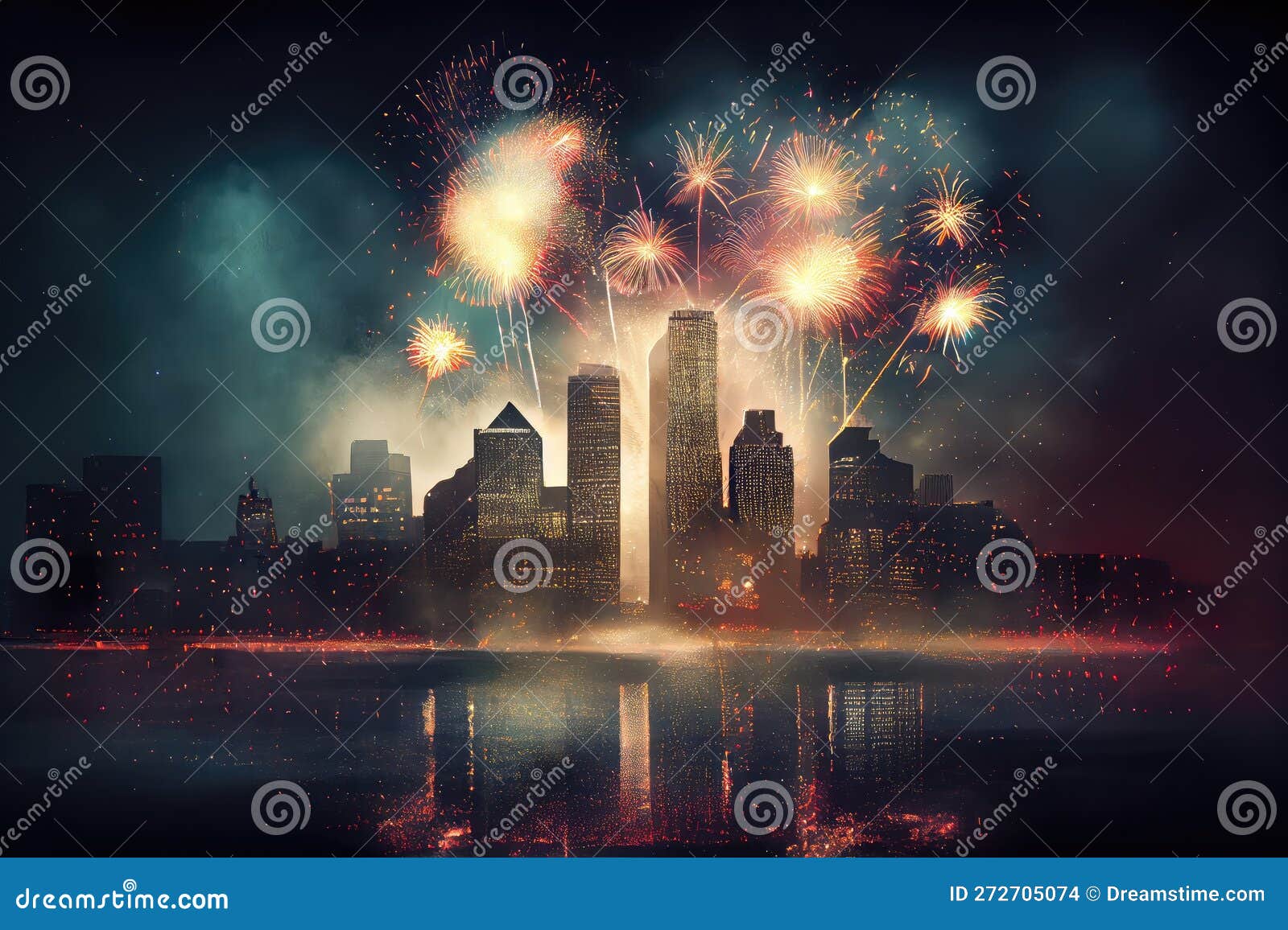 City Skyline at Night, with Fireworks Exploding in the Sky Stock Photo ...