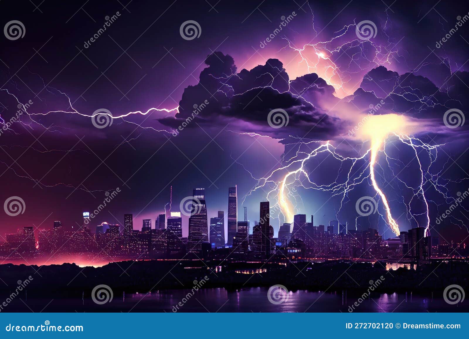 City Skyline at Night, with Flashes of Lightning and Thunderstorm in ...
