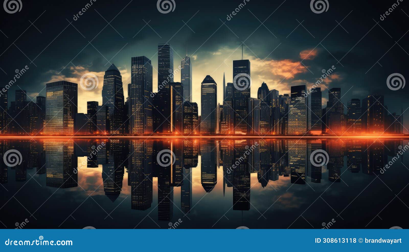 City Skyline Reflection in Water Stock Illustration - Illustration of ...